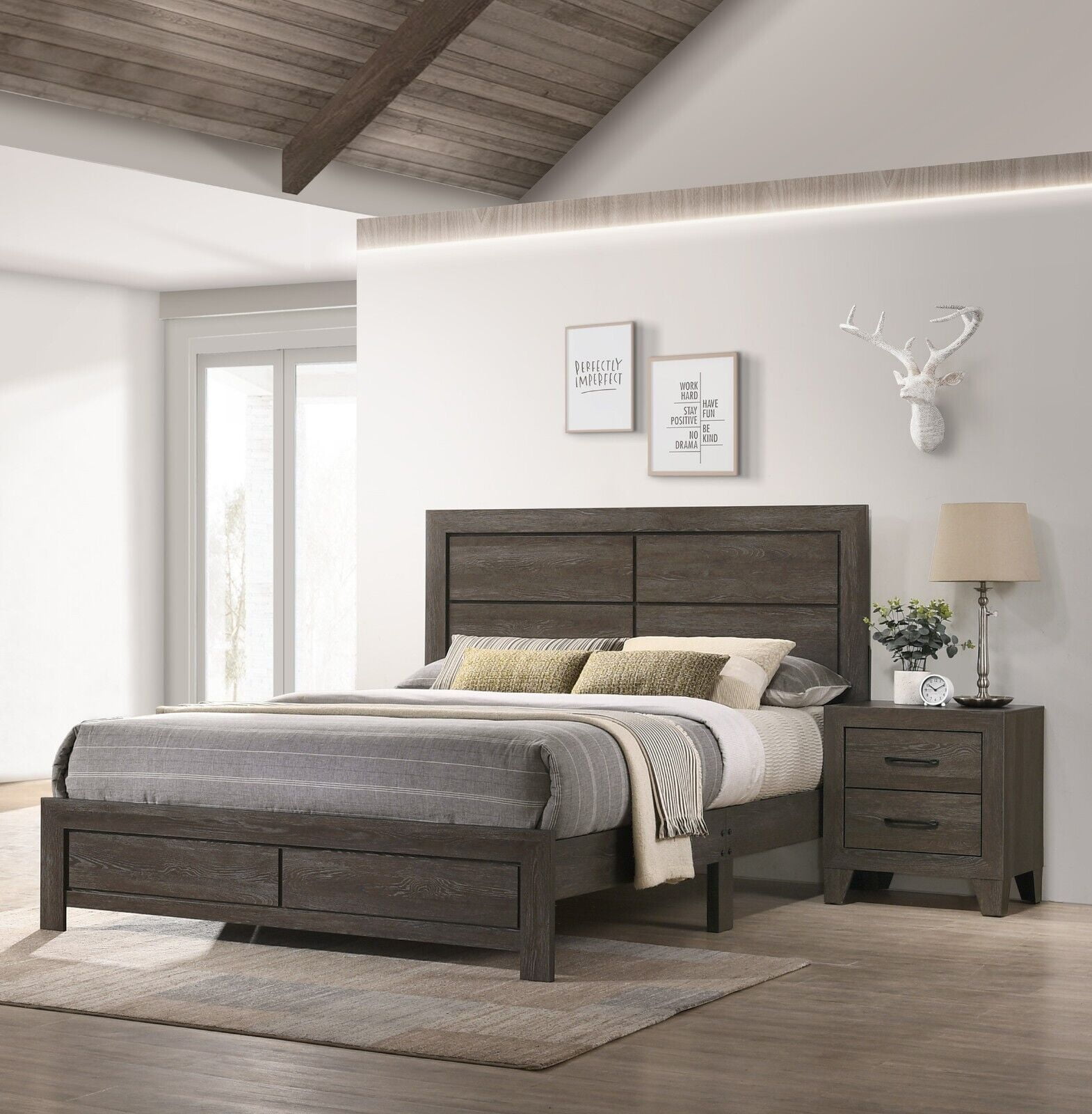 Contemporary 3pc Queen Size Platform Bedroom Set Brown Finish Bed 2x ...