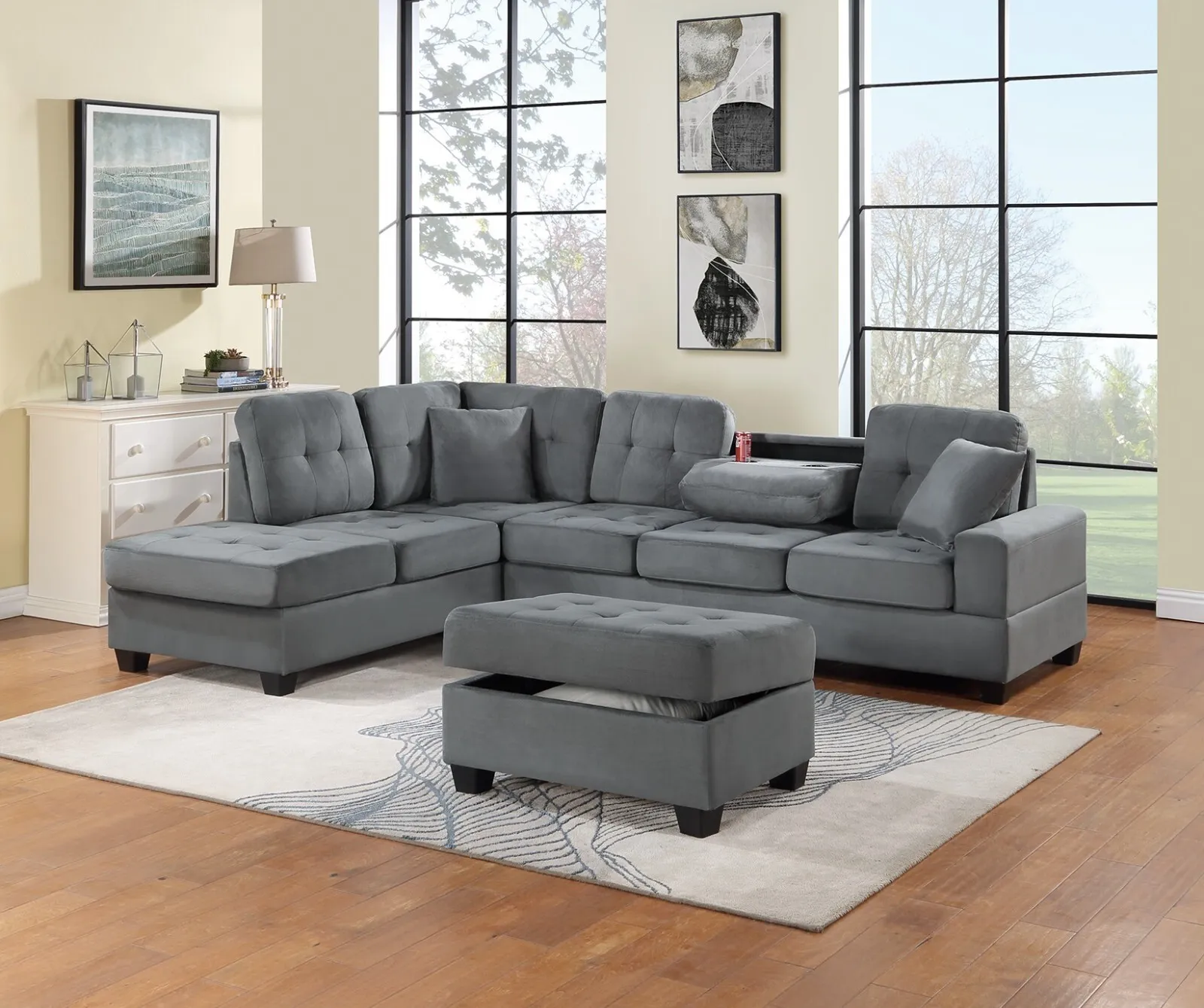 Dark Gray Plush Microfiber 3pc Sectional Sofa Set with Reversible Chaise and Cup Holder Storage ...