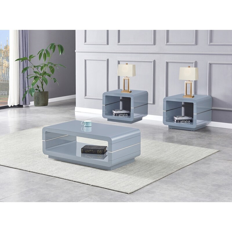 Contemporary 3pc Wood Coffee Table Set in Glossy Light Gray - Walmart.com