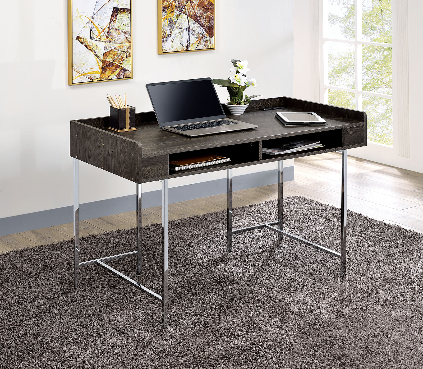 Contemporary 47" Brown Wood & Steel Computer Desk w/ Drawer & USB Port ...