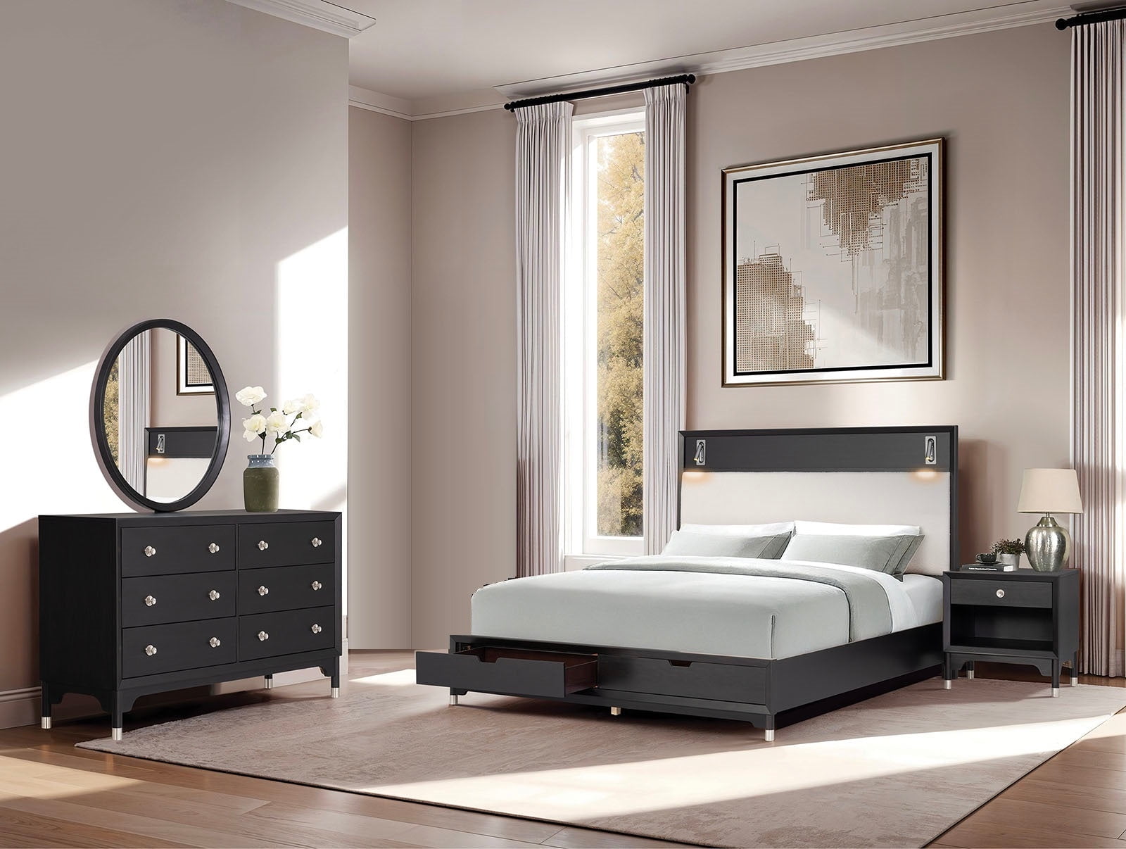 Contemporary 4pc Bedroom Set Black Color Queen Size Bed w/ Storage ...