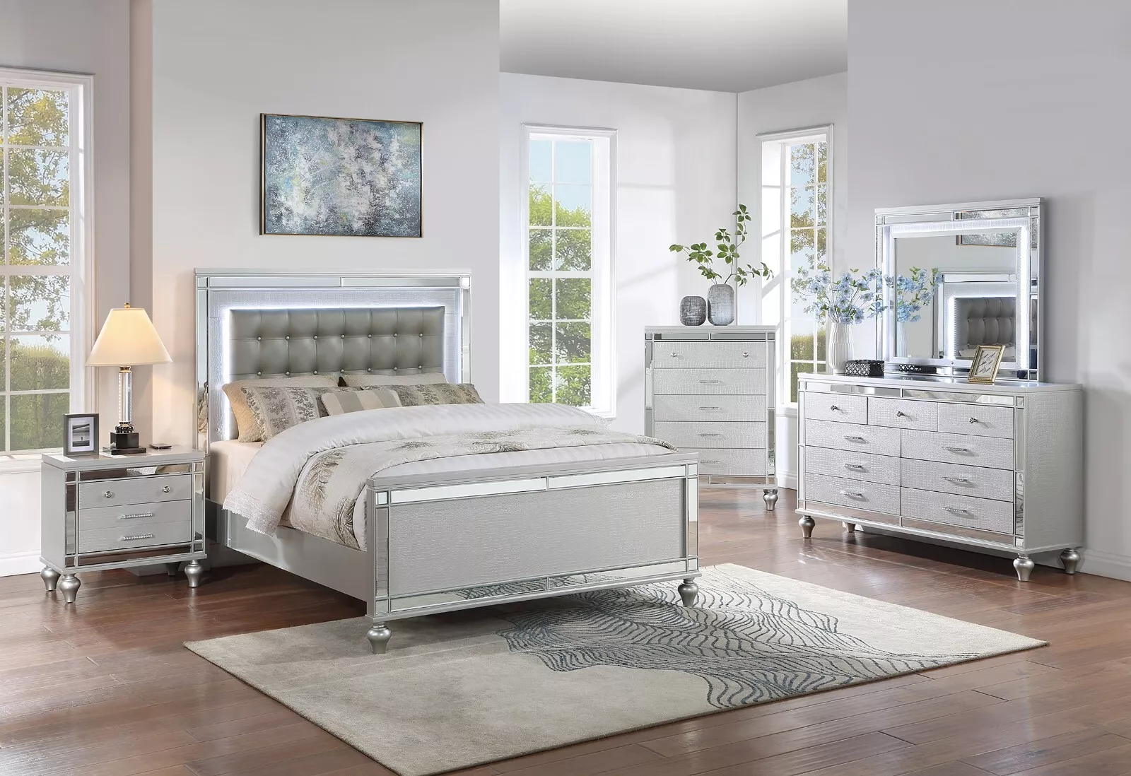 Contemporary 4pc King Size Bed Set W LED Tufted Faux Leather Dresser Mirror Nightstand Silver ...