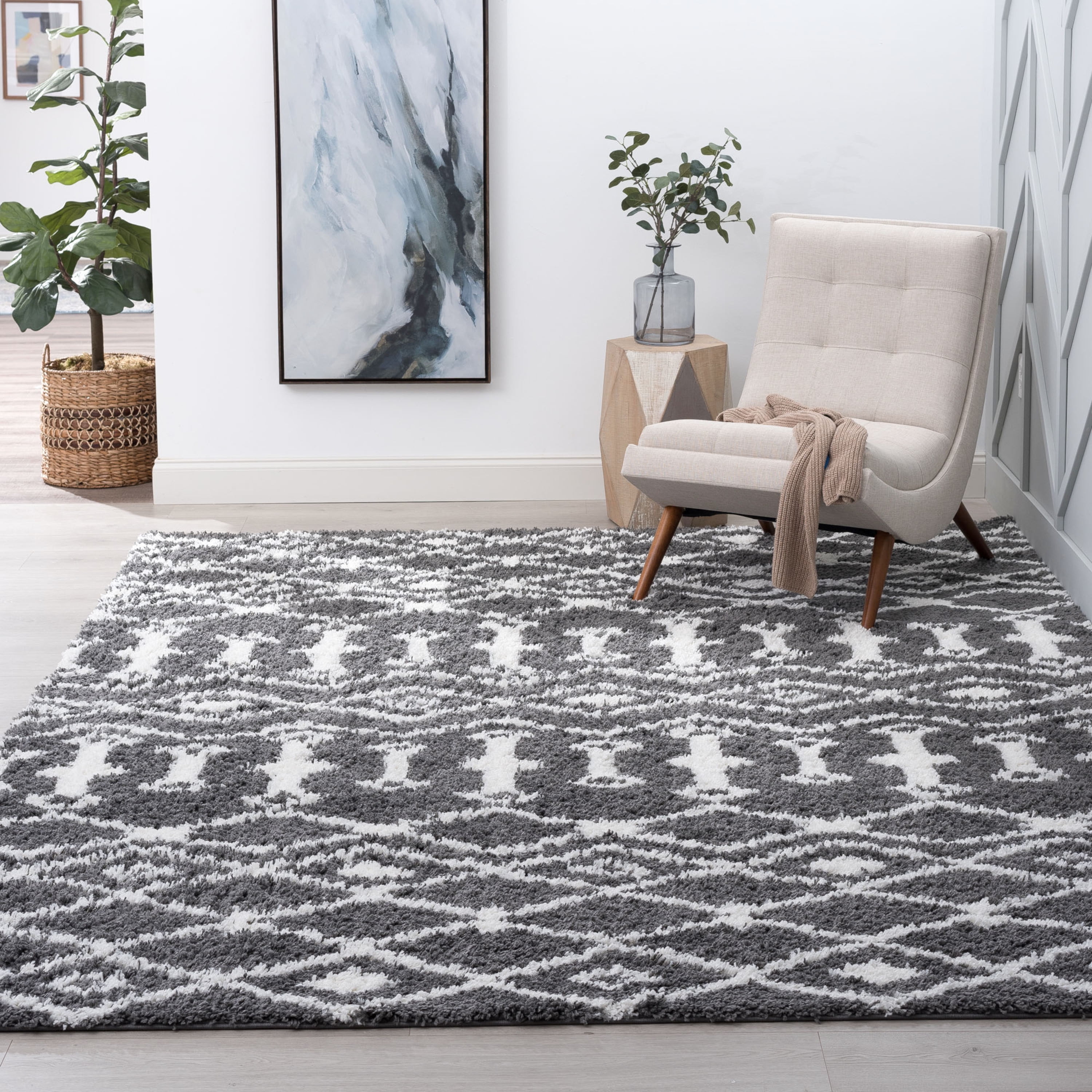 Contemporary 4x6 Area Rug Shag Thick (4' x 5'3'') Geometric Gray, White ...