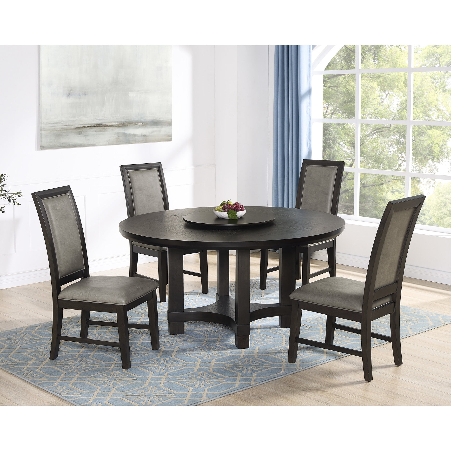 Contemporary 5-Piece Dining Set - Round Table, Lazy Susan, Brown PU ...