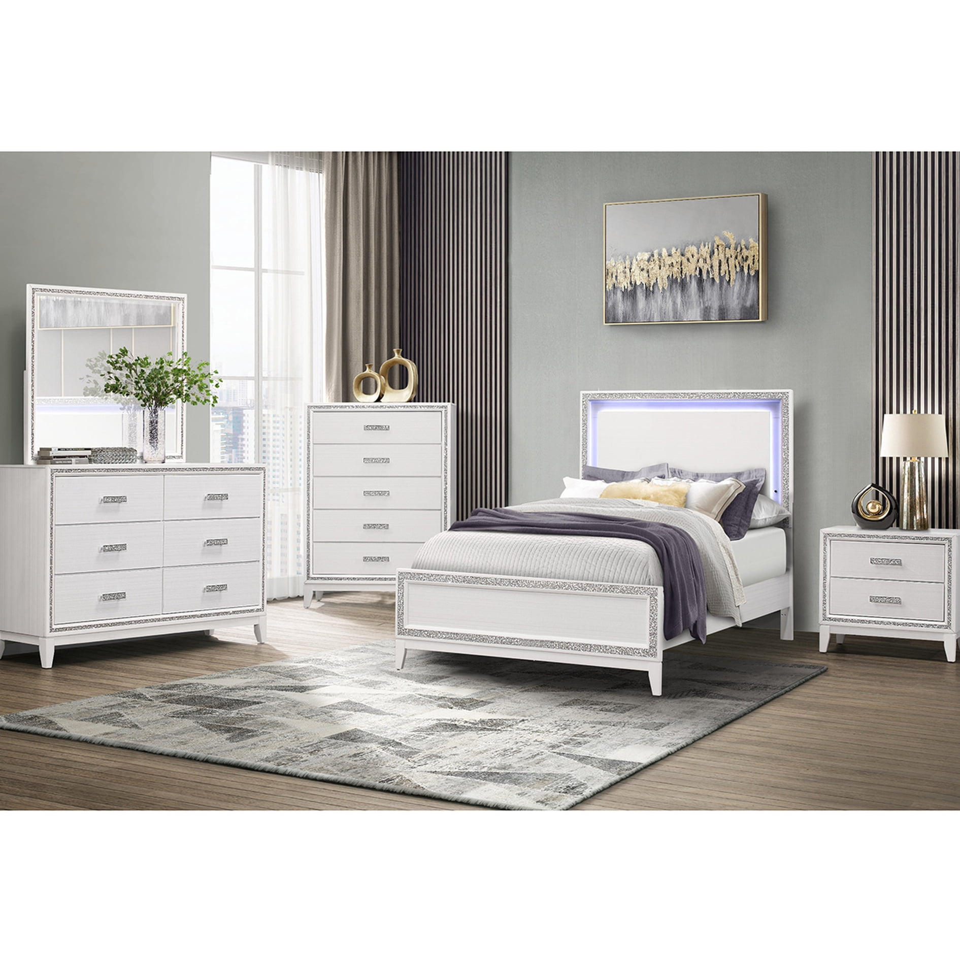 Contemporary 5 Piece White Bedroom Set with Glitter Detailing, Tapered ...