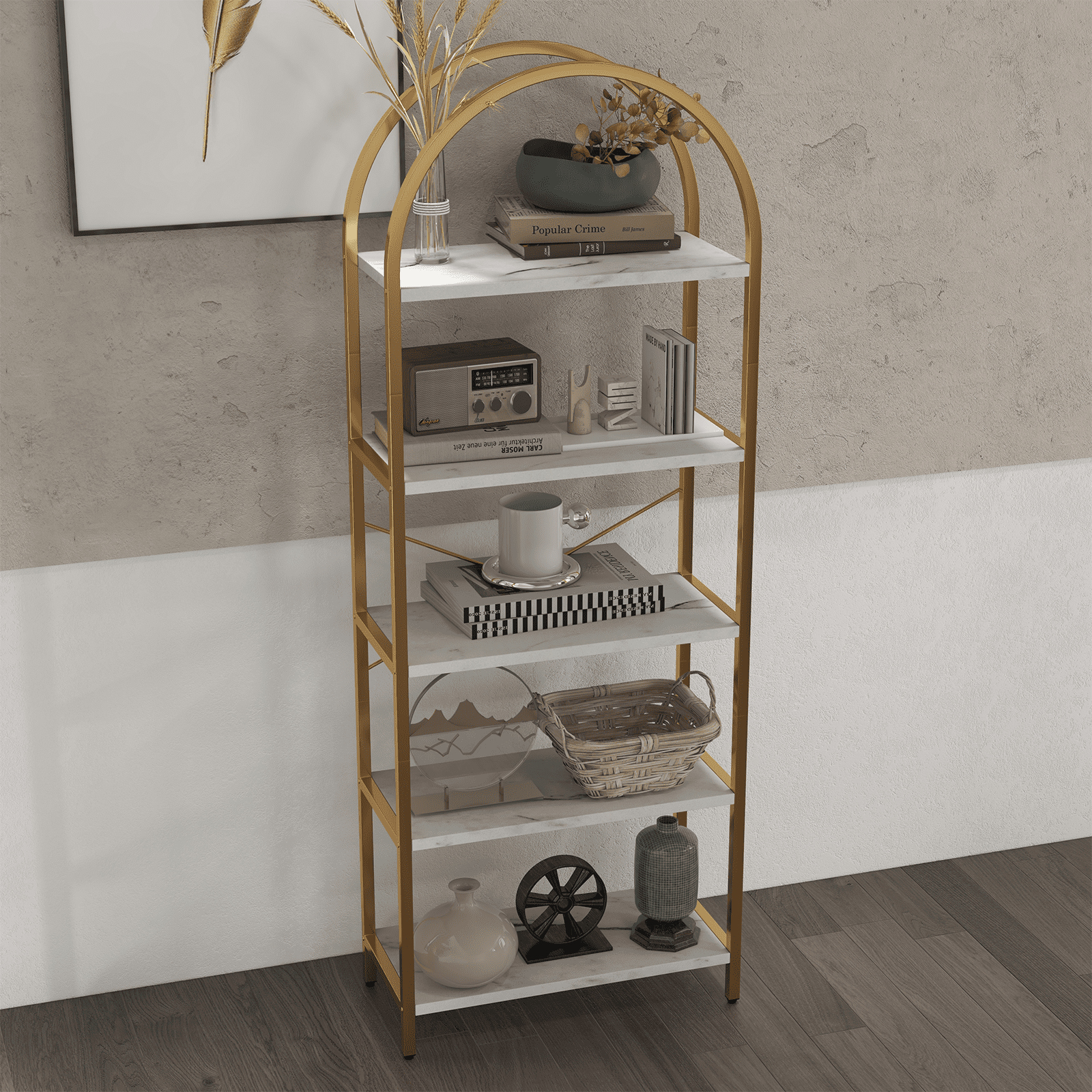 Contemporary 5-Tier Arched Bookcase with White and Gold Accents, Modern ...