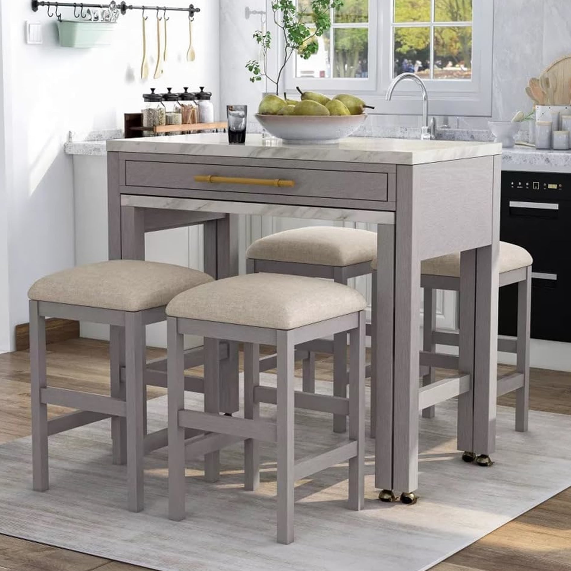 Contemporary 5pc Counter Height Dining - Faux Marble Top Table, Storage ...