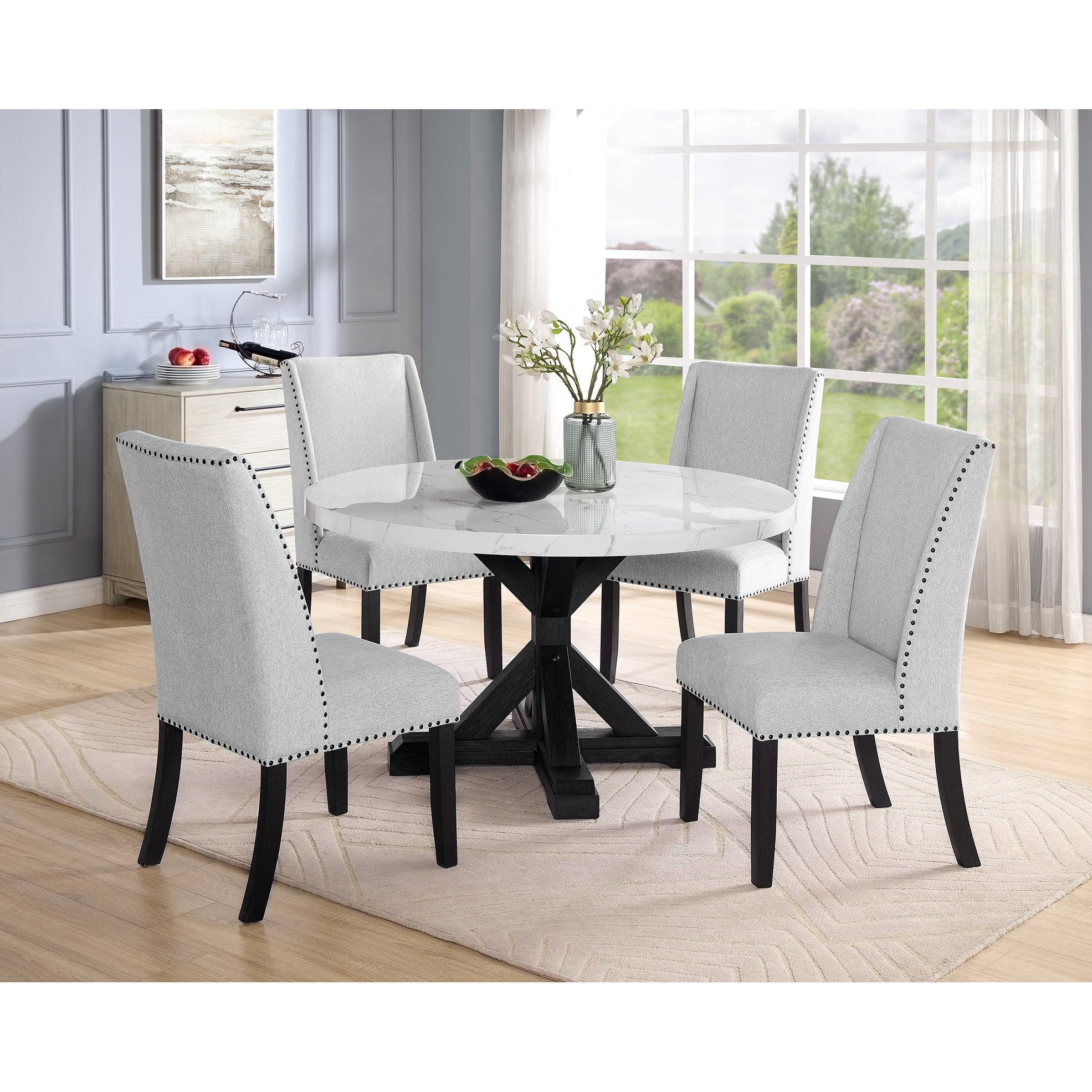 Contemporary 5pc Dining With White Marble-like Table And Gray Chair ...
