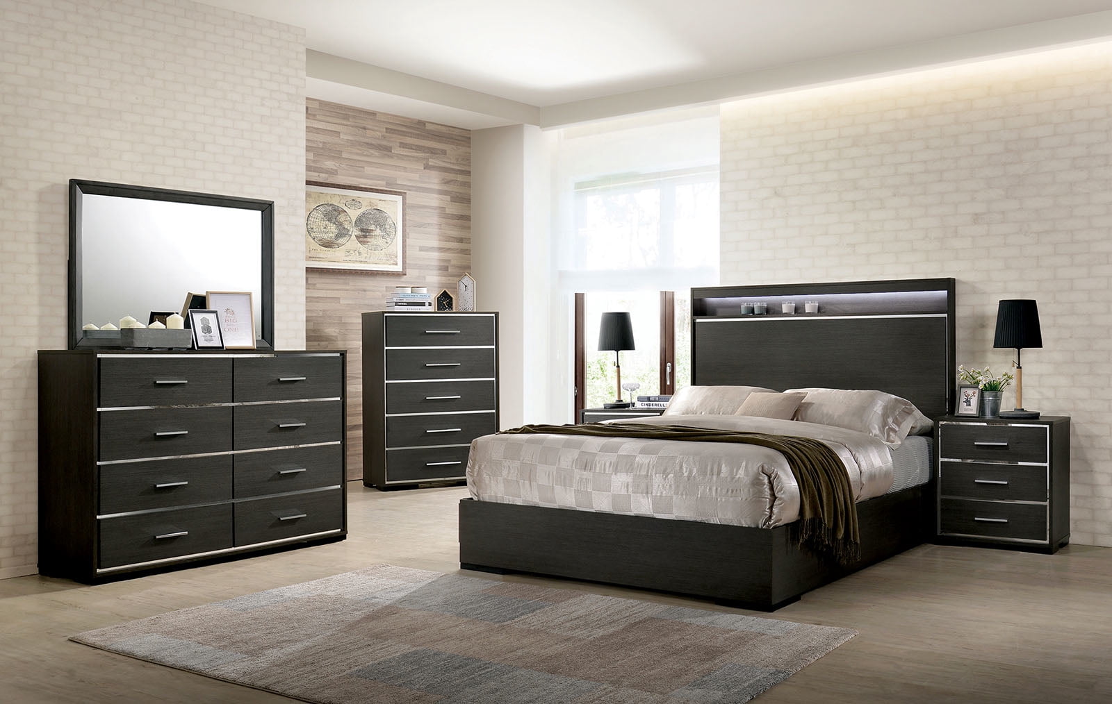 Contemporary 6pc Bedroom Set Queen Size Bed Dresser Chest Mirror ...