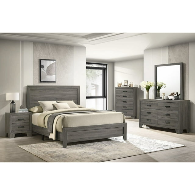 Contemporary 6pc Bedroom Set Queen Size Panel Bed Wooden Furniture Gray ...