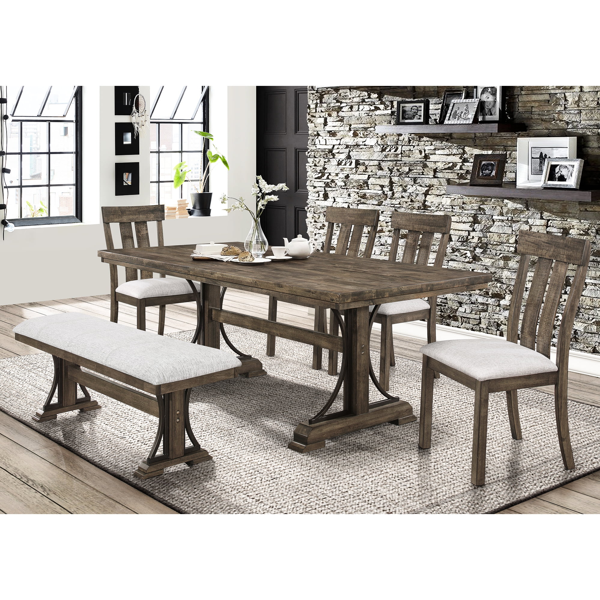 Contemporary 6pc Dining , Wooden Rectangular Table And Padded Seats ...