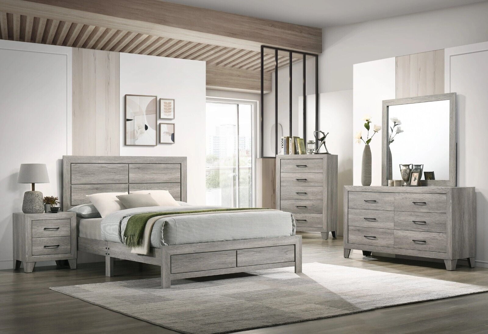 Contemporary 6pc Full Size Platform Bedroom Set Gray Finish Bed Dresser ...