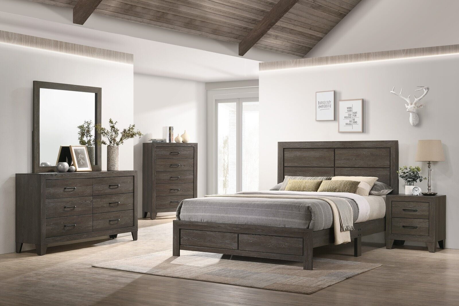 Contemporary 6pc Queen Size Platform Bed Set Set Brown Finish Master ...
