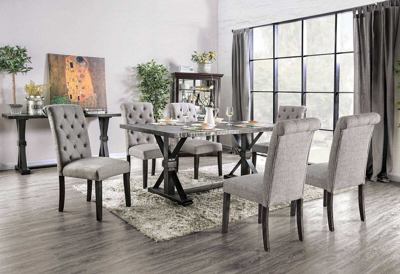 7-Piece Contemporary Dining Set with Rectangular Table and 6 Gray Fabric Button Tufted Side ...