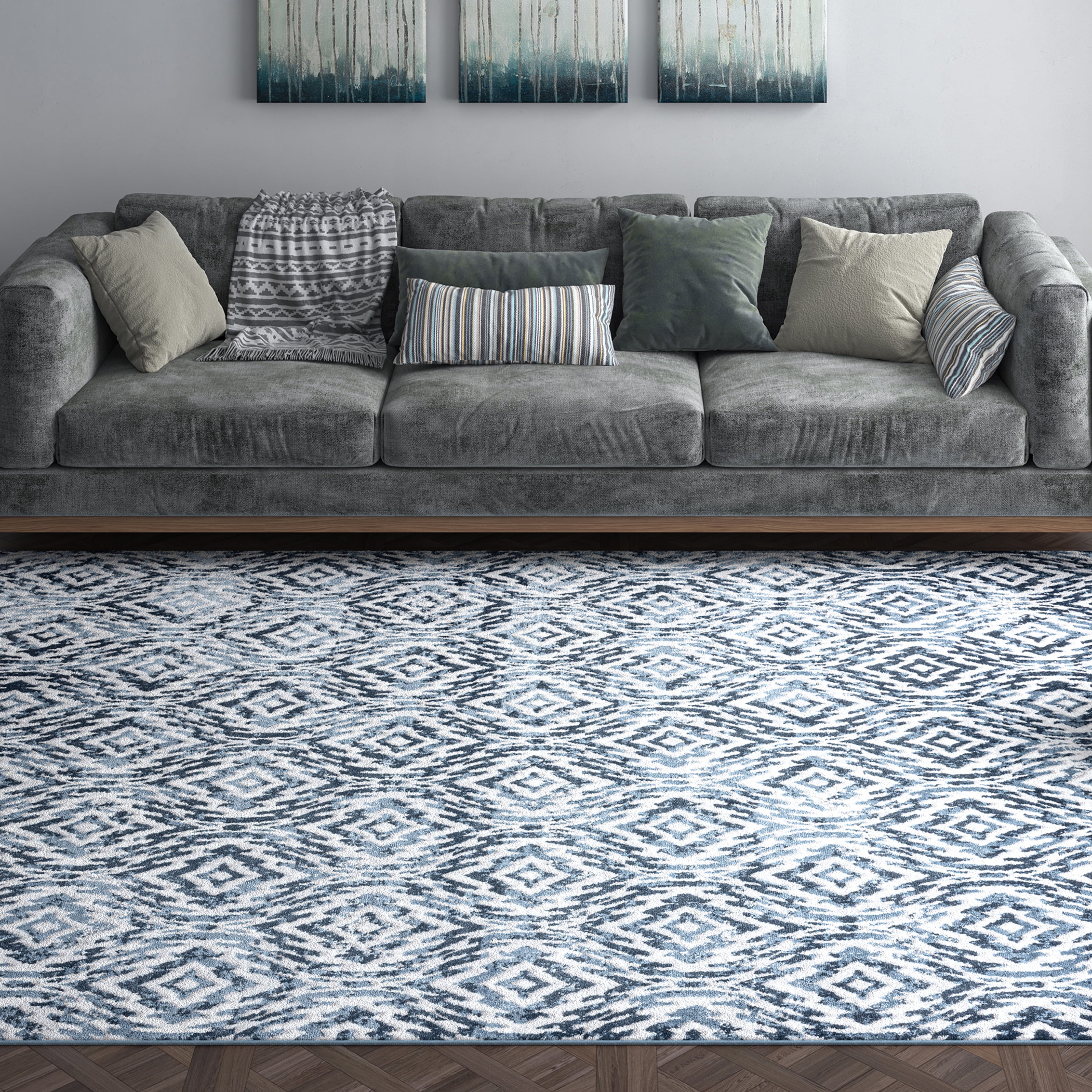 Contemporary 9x12 Area Rug (8'10'' x 12'2'') Geometric Blue, White ...