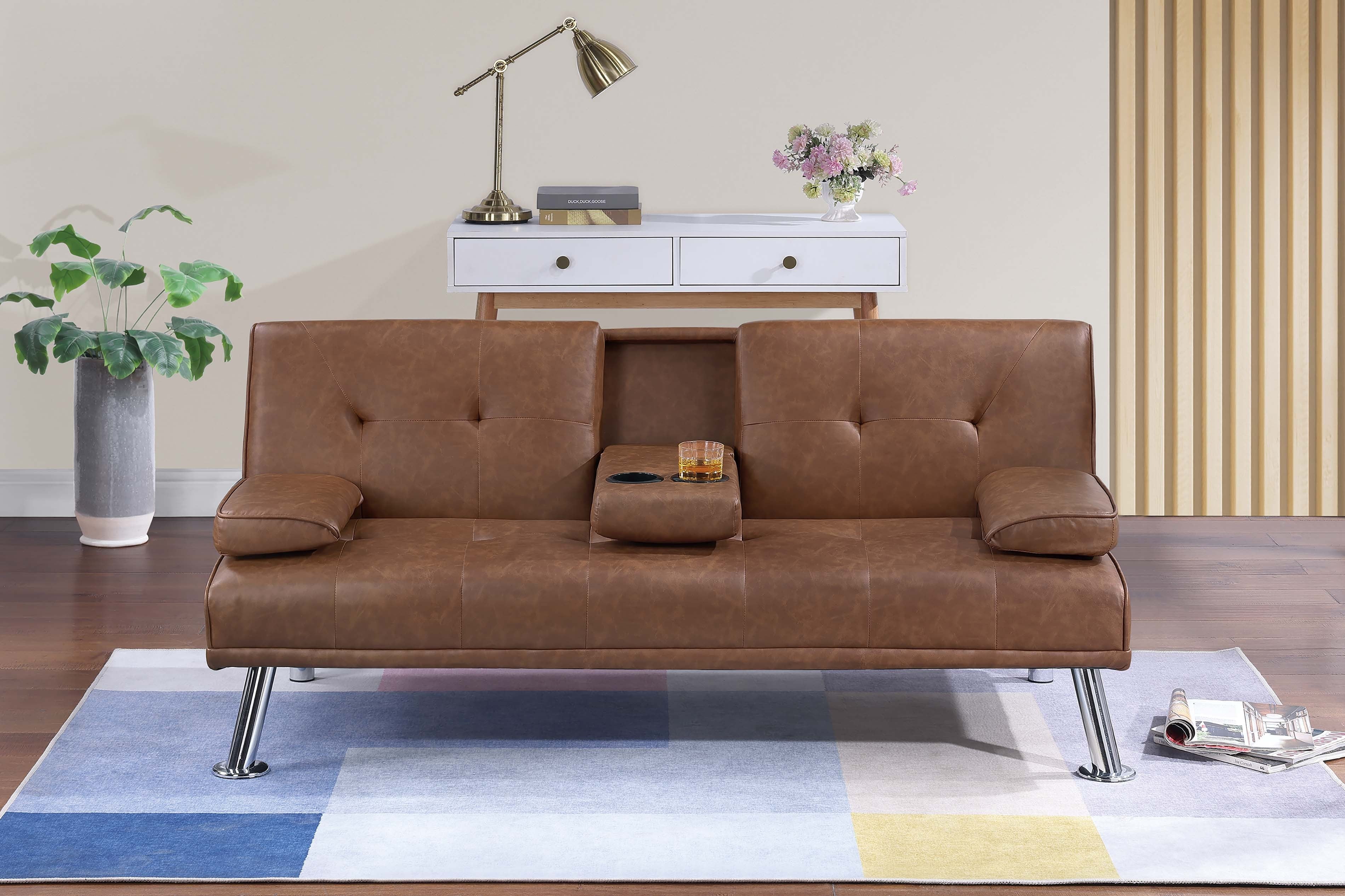 Contemporary Adjustable Sofa Fold Down Table w Cup Holder Brown Faux ...