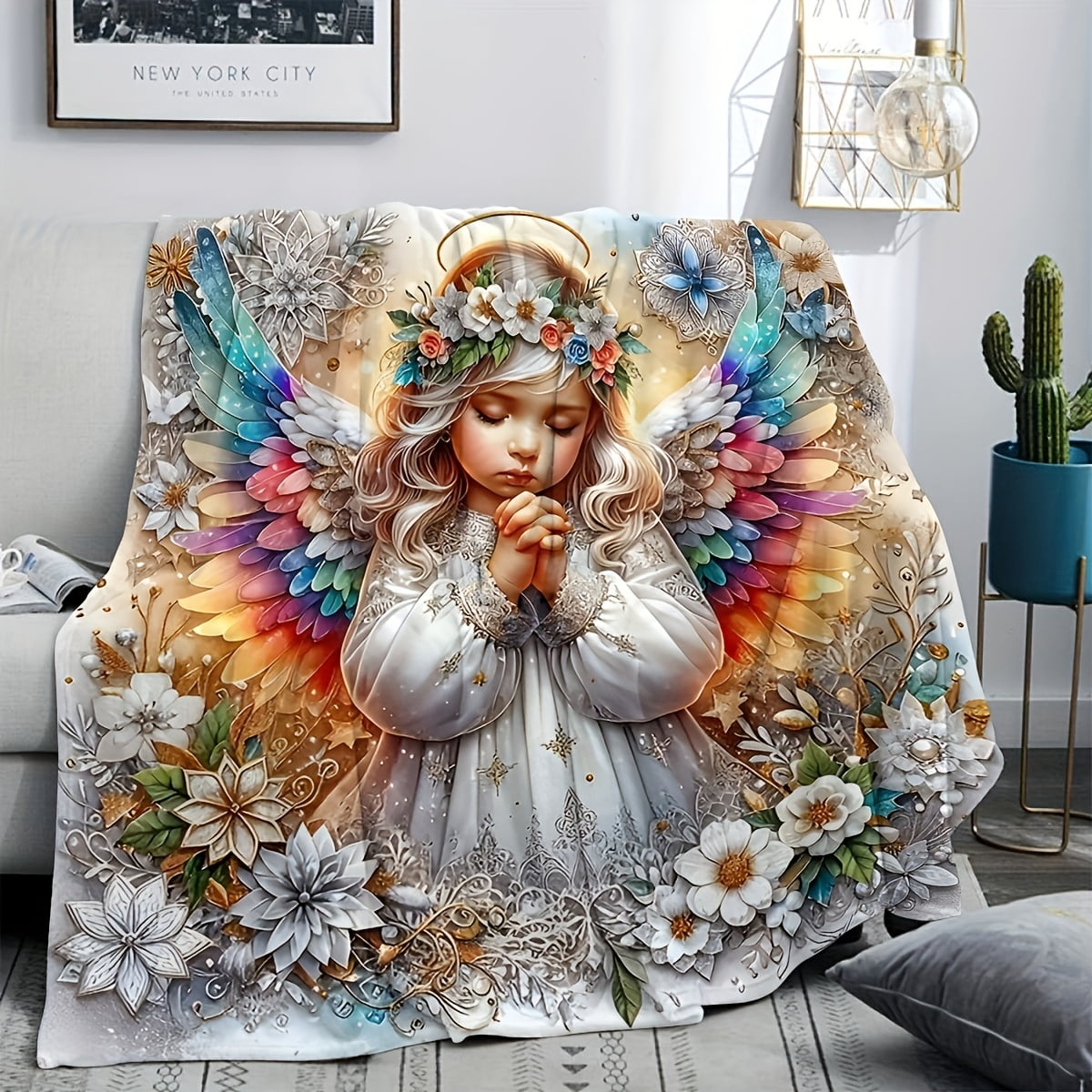 Contemporary Angel Girl Soft Flannel Blanket with Colorful Wing ...