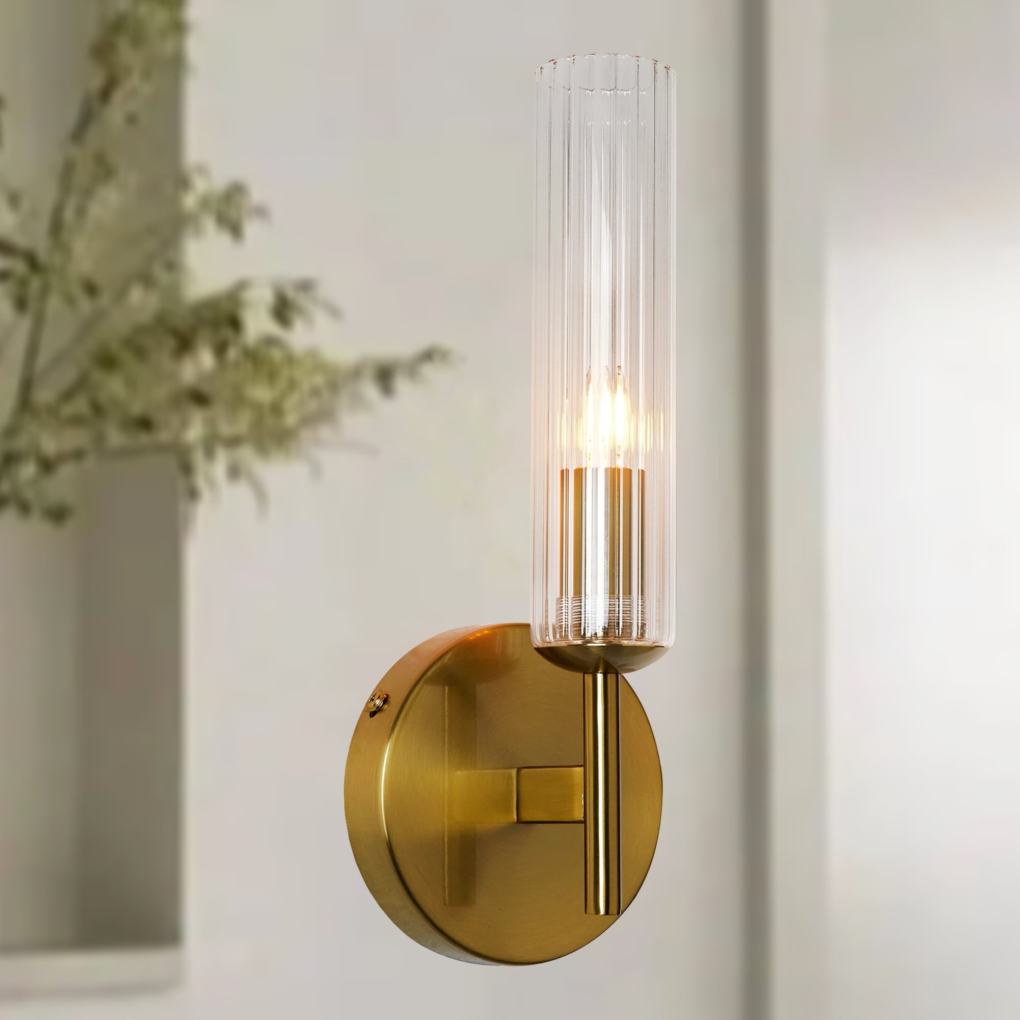 Contemporary Antique Brass Single Vanity Light with Tube Glass Shade ...