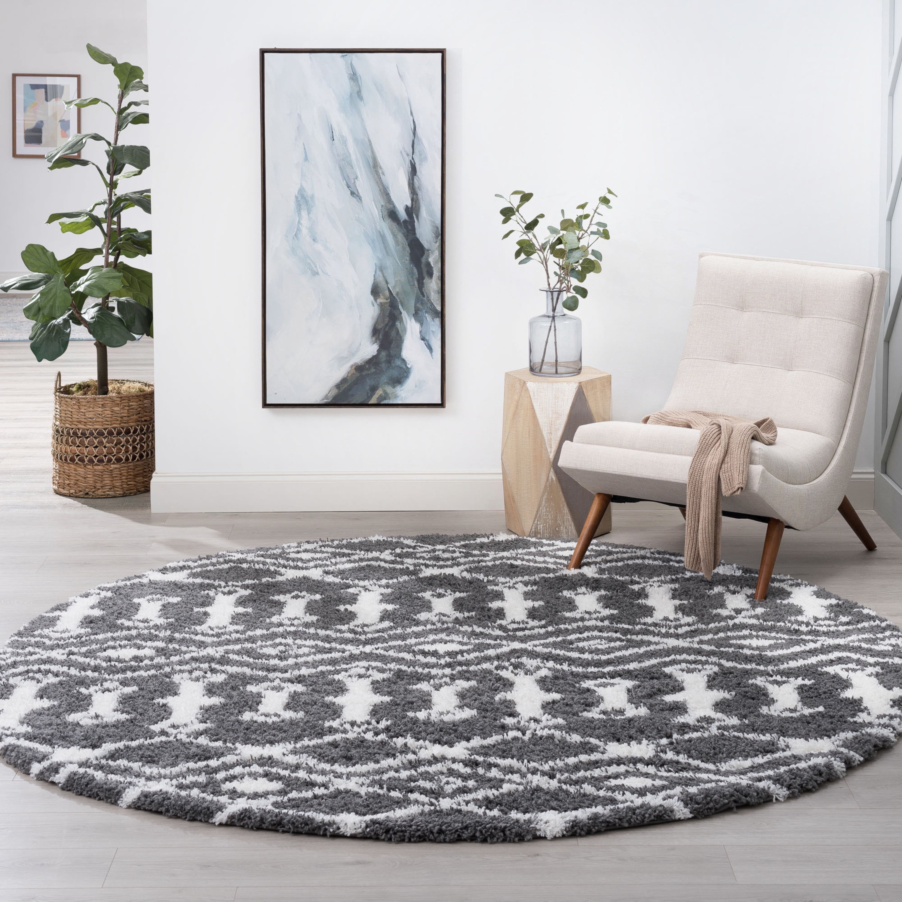Bliss Rugs Shag Contemporary Geometric Round Rug - Gray Indoor Area Rug ...