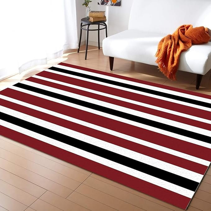Contemporary Area Rugs, Red Black White Stripe Living Room Decor Rug ...