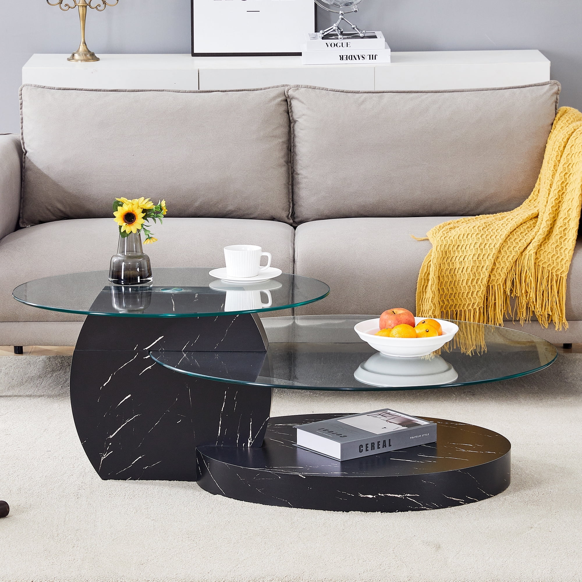 Contemporary Artistic Double Layer Coffee Table, Marble and Wood Grain ...