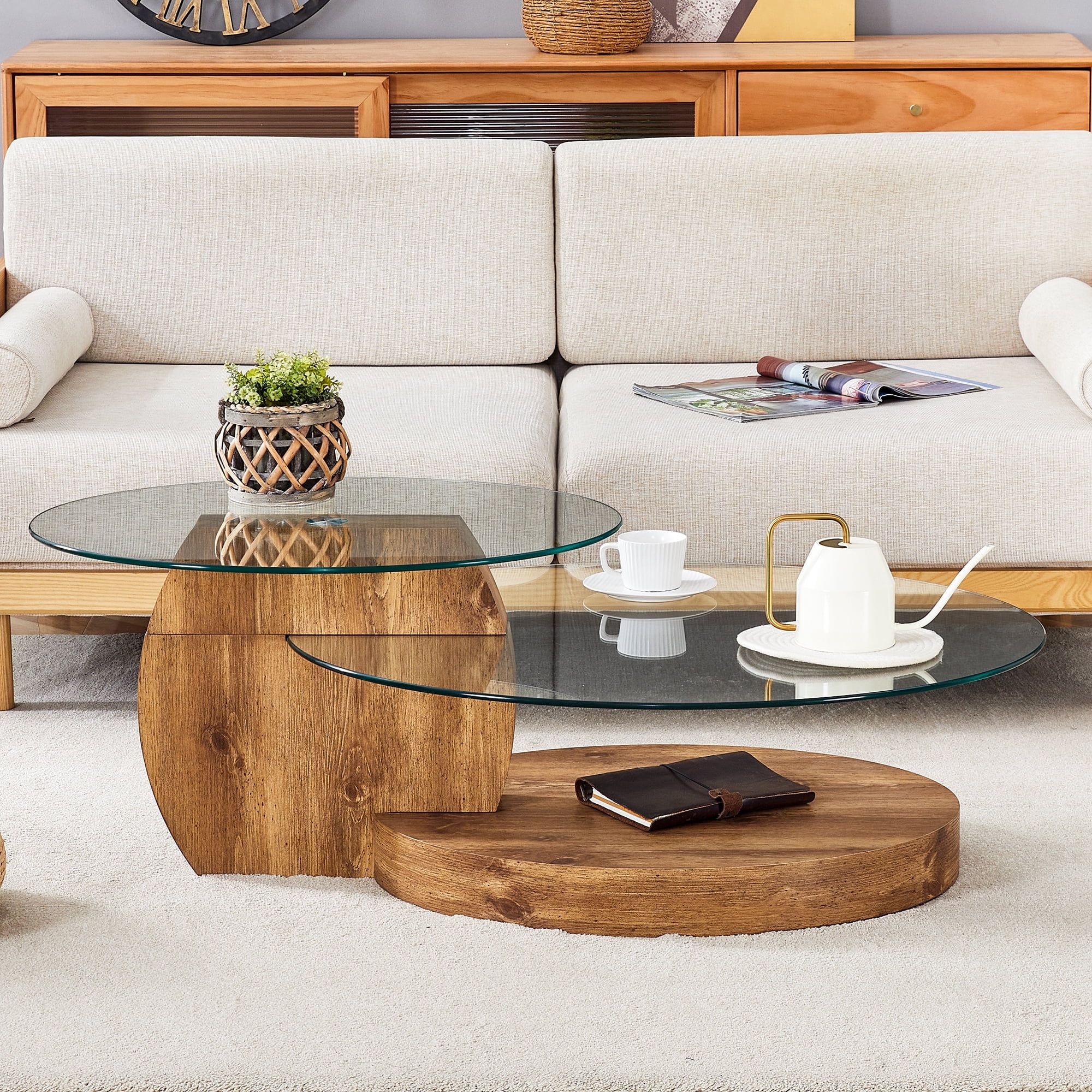 Contemporary Artistic Double Layer Coffee Table, Marble and Wood Grain ...