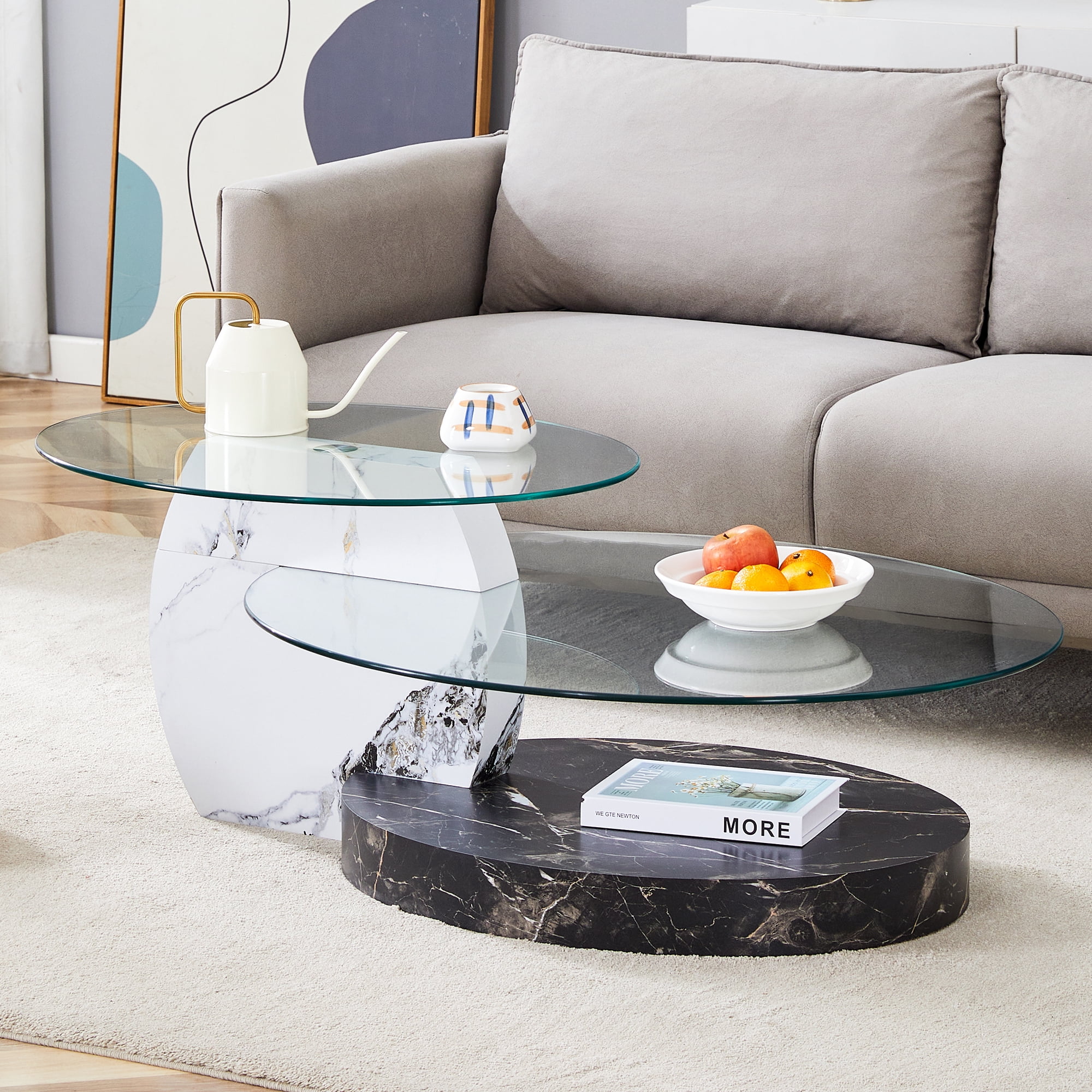 Contemporary Artistic Double Layer Coffee Table, Marble and Wood Grain ...