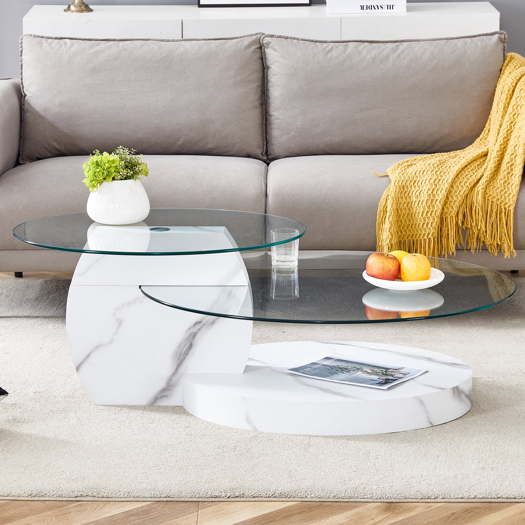 Contemporary Artistic Double Layer Coffee Table, Marble and Wood Grain ...