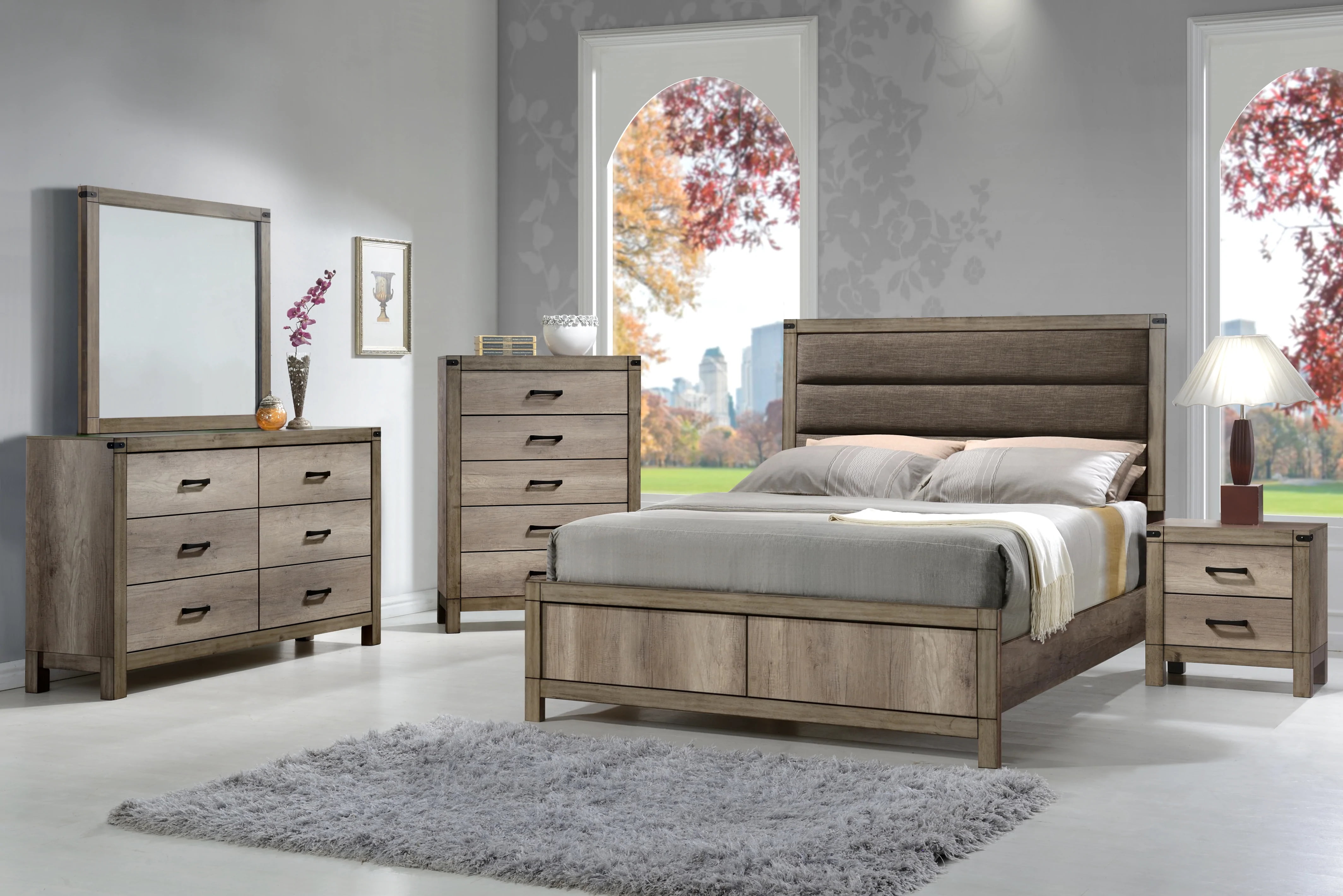 Contemporary Bedroom Set Upholstered Bed Dresser Mirror Nightstand ...