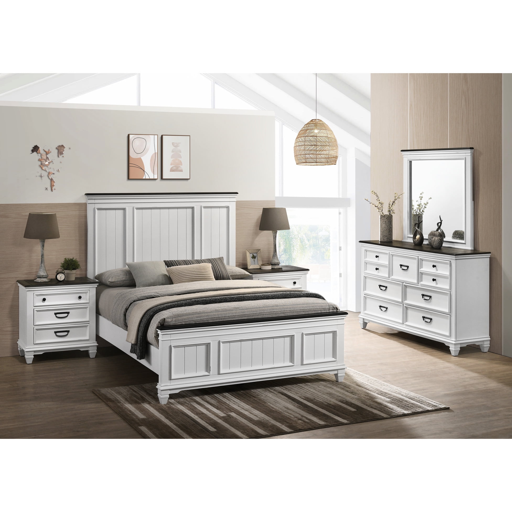 Contemporary Bedroom Setup: Panel Queen Bed, Dresser, Mirror, 2 ...