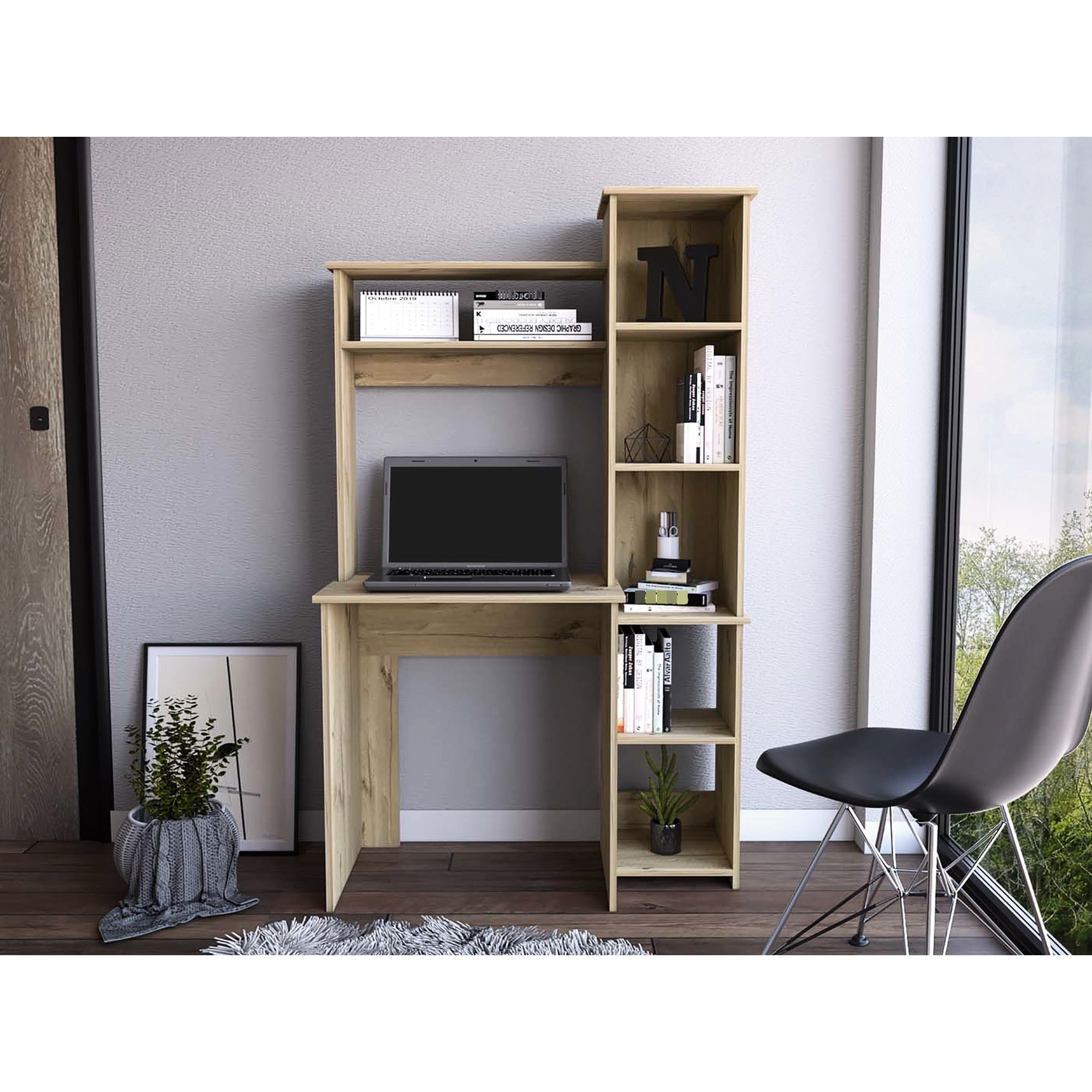 Contemporary Beige Computer Desk With Six Shelves - Work Area In Modern ...