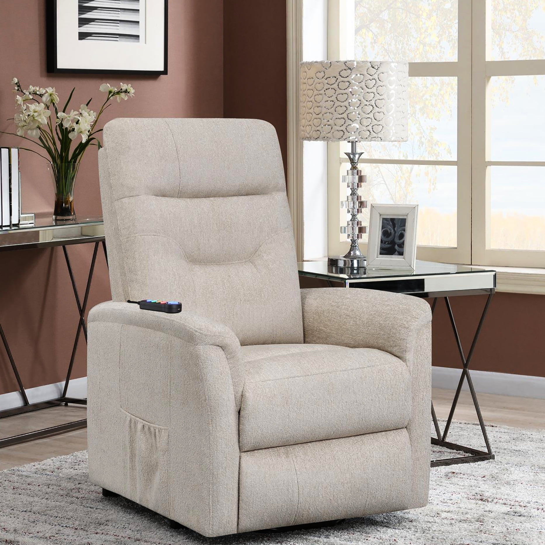 Contemporary Beige Fabric Power Lift Recliner With Heat And Storage ...