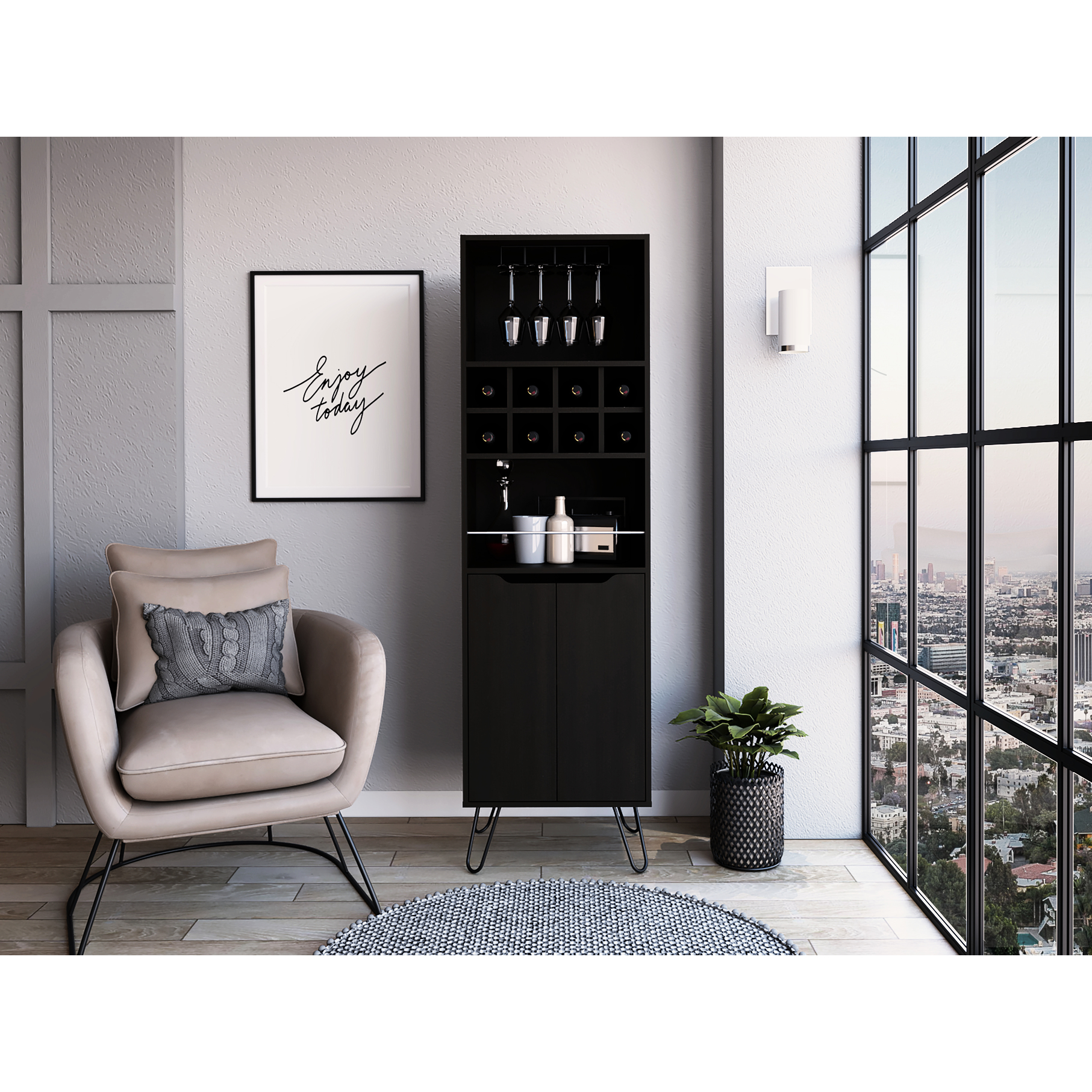 Contemporary Black Bar Cabinet With 8 Slot And Detail Industrial-style ...