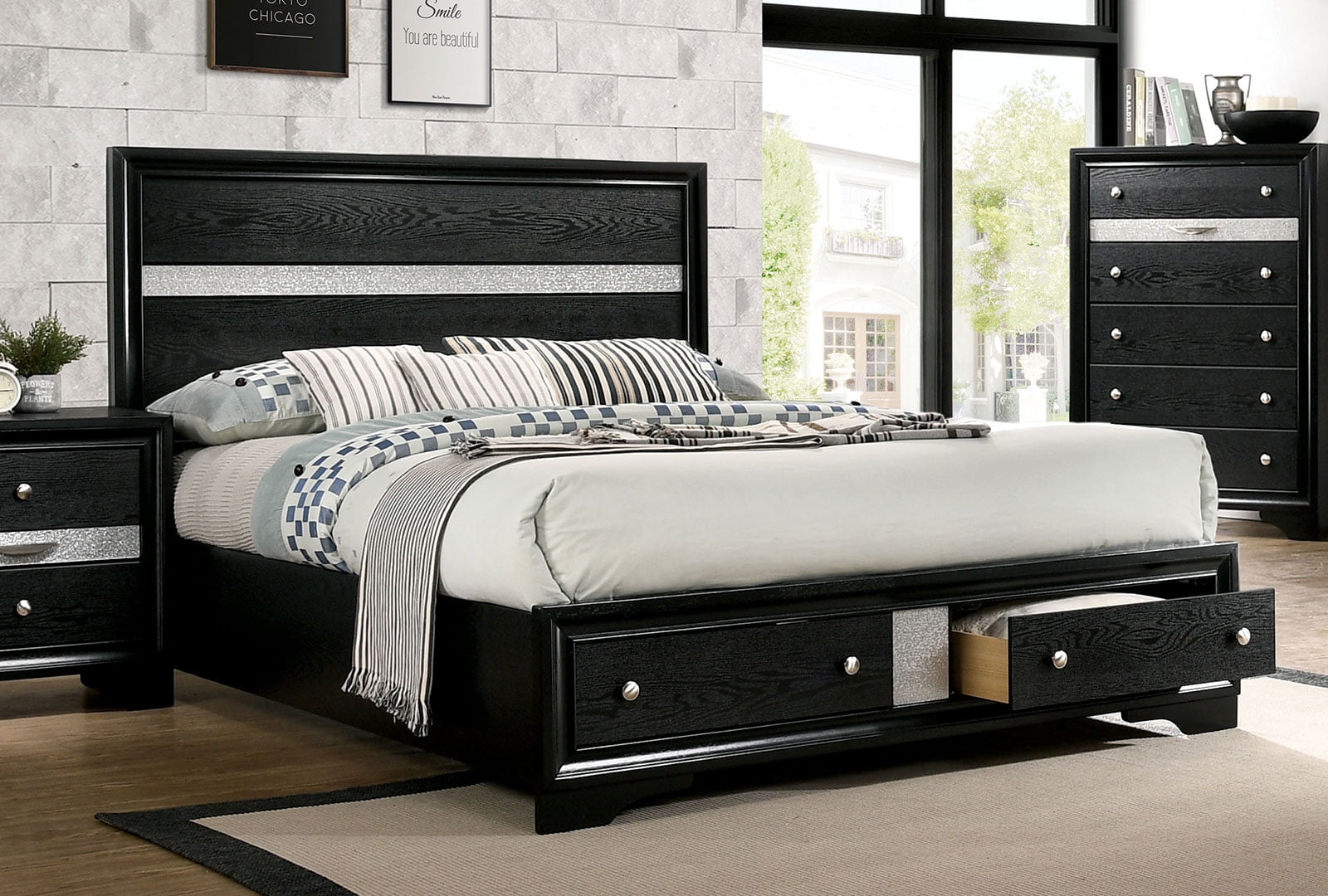 Contemporary Black Color Panel Headboard 1pc Queen Size Bed w Drawers ...