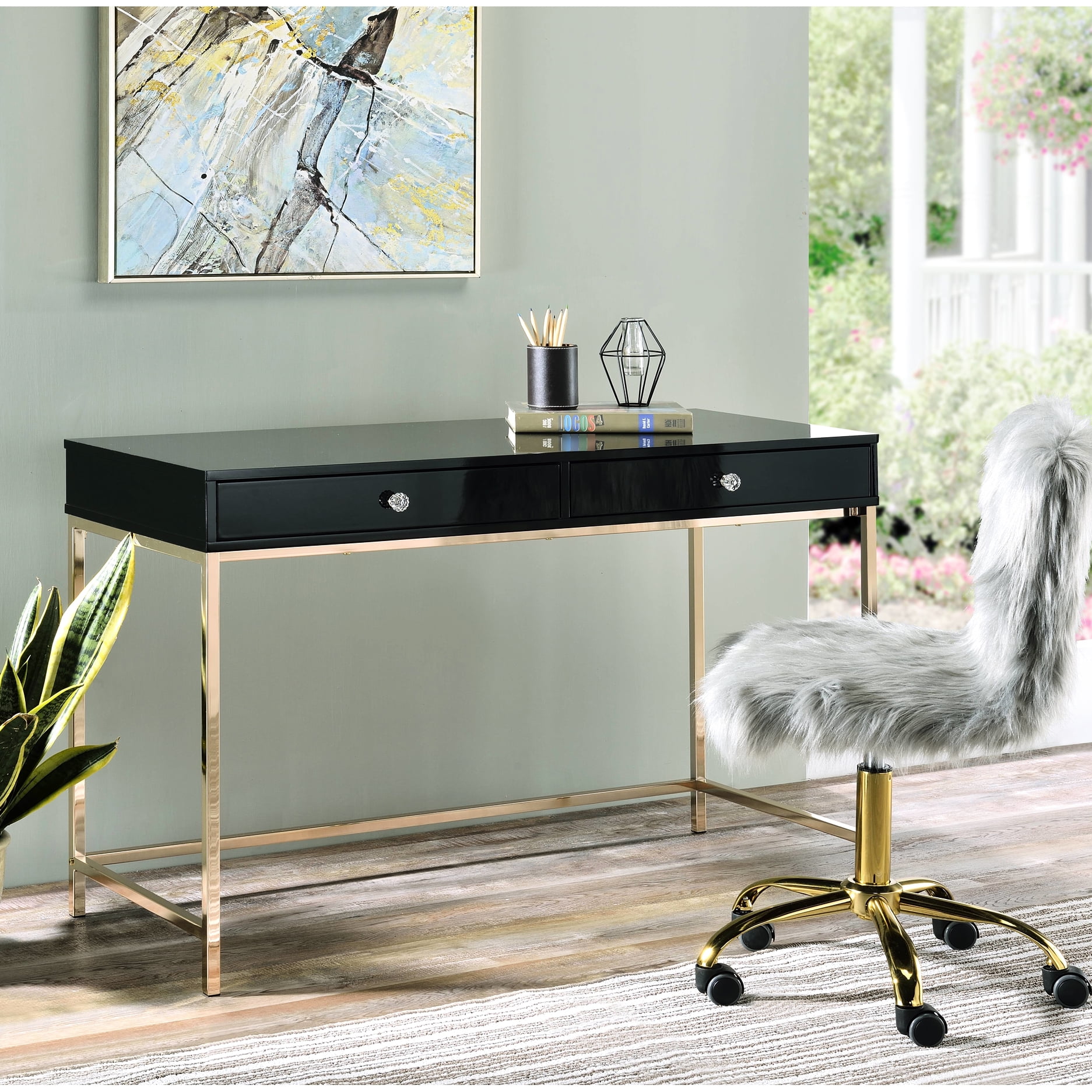 Contemporary Black Desk With 2 Drawers And High Gloss Finish, 70lbs ...