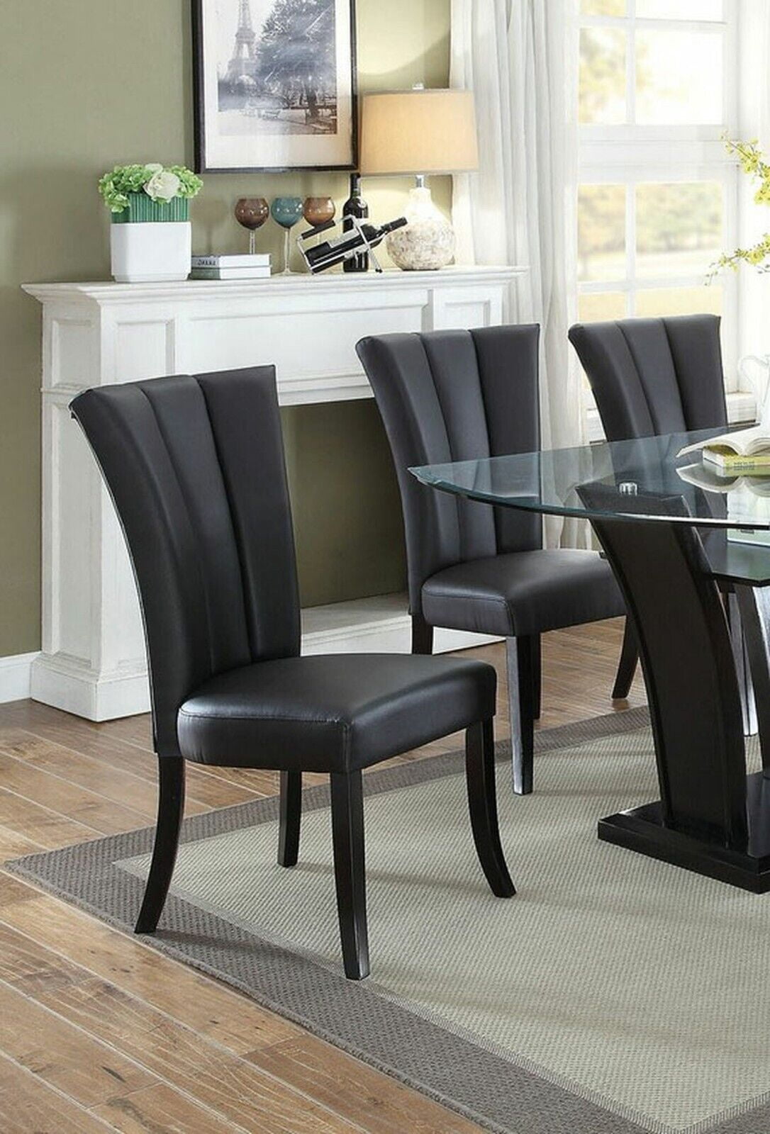 Contemporary Black Faux Leather / PU Upholstered Lines back Set of 6pc ...