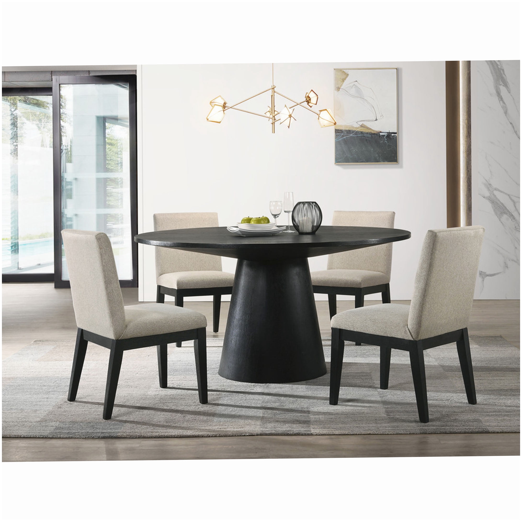 Contemporary Black Round Pedestal Dining Table Set with 4 Beige ...