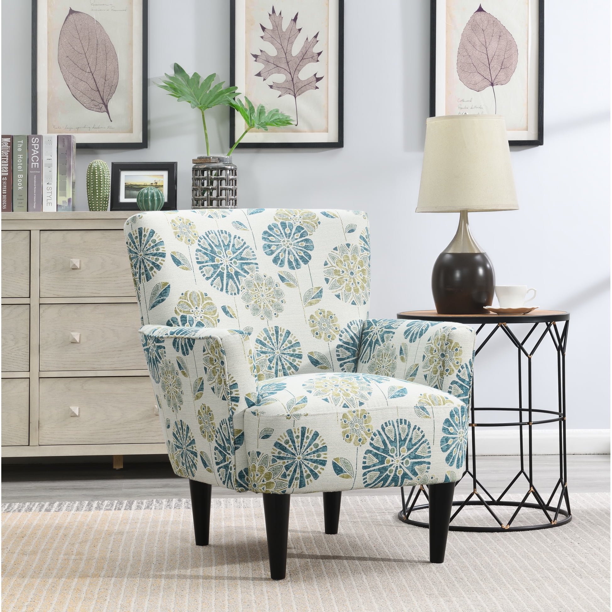 Contemporary Blue Floral Accent Chair With Storage Compartment ...