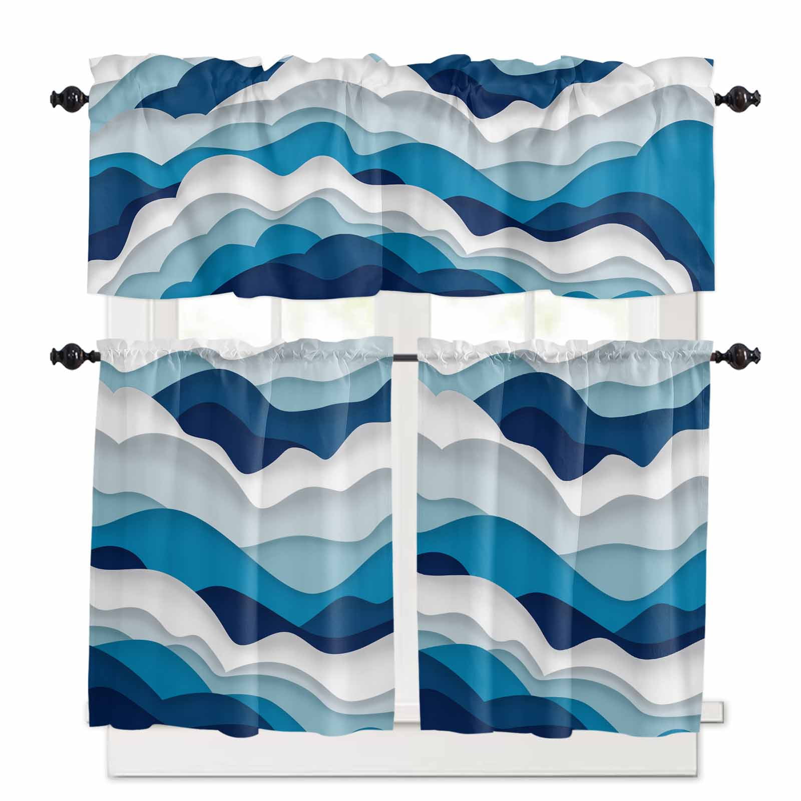 Contemporary Blue Kitchen Curtains Set for Windows 3 Pieces,24 Inch Length Tier and Valance ...