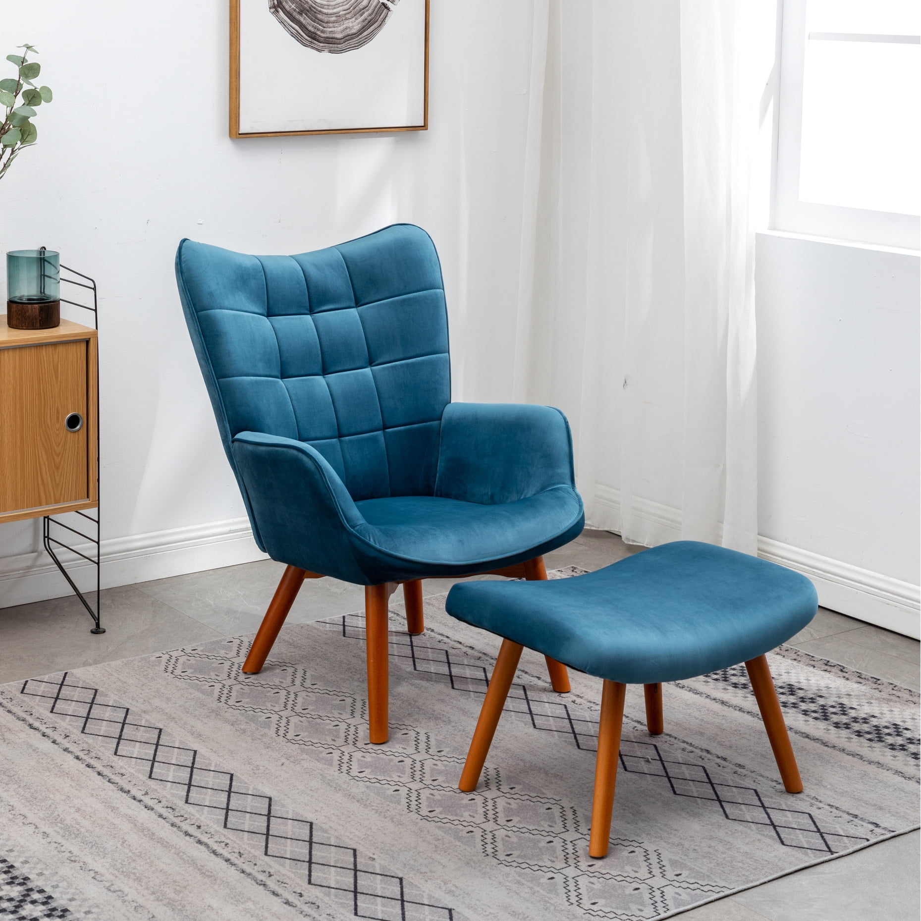 Contemporary Blue Velvet Chair With - Solid Rubber Wood Frame, Fabric ...