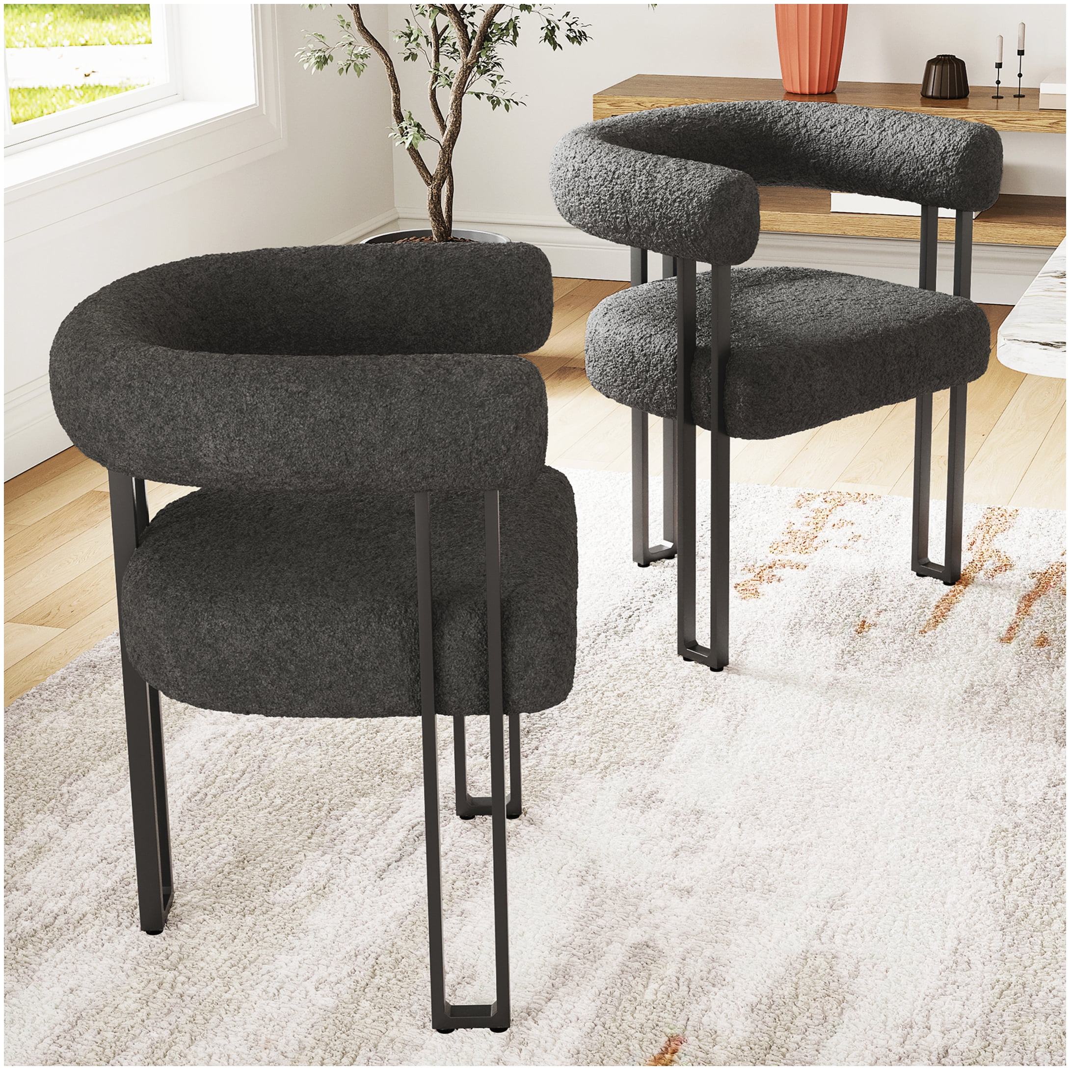 Contemporary Bouclé Fabric Armchairs, Set of 2 Black Dining Chairs with ...