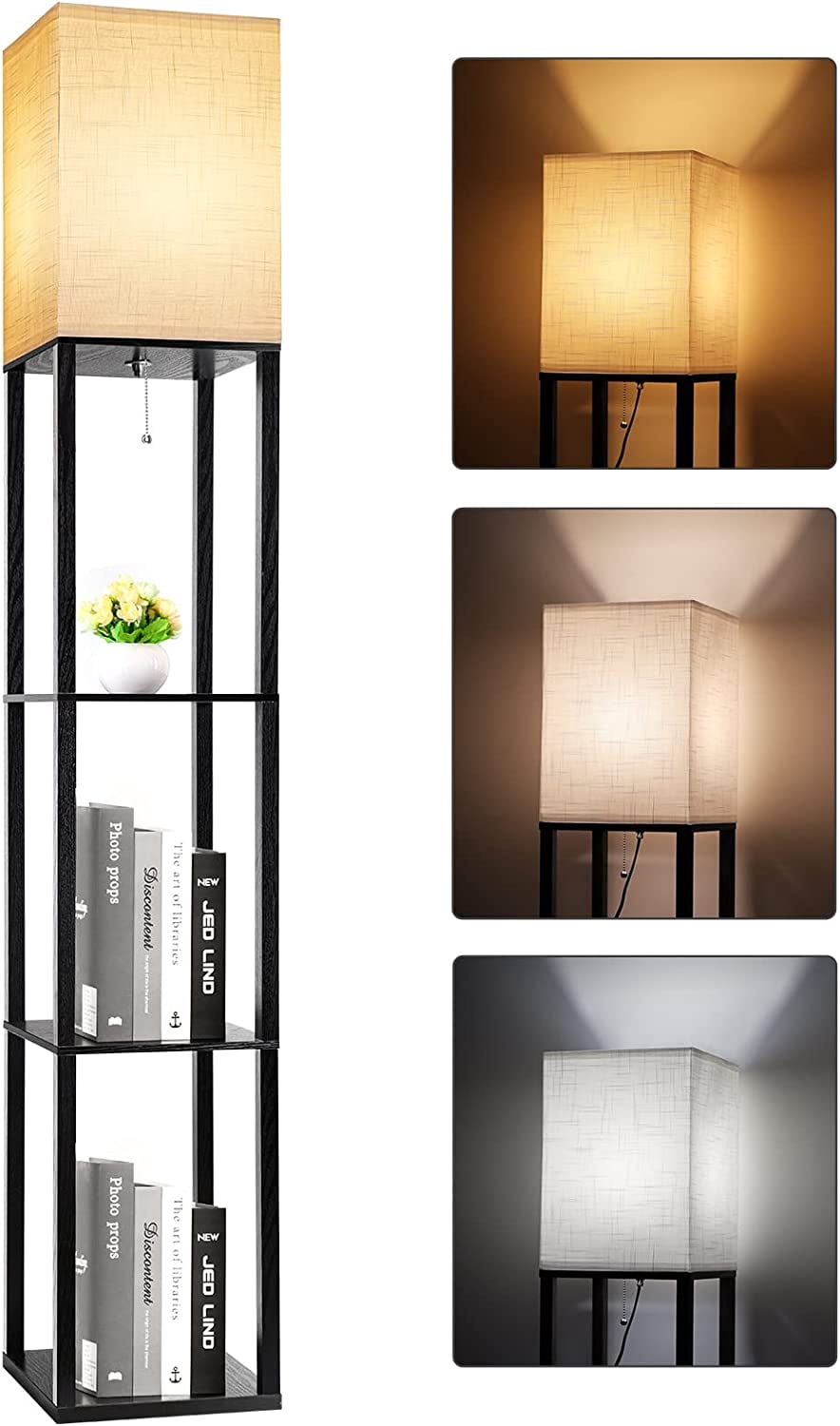 Contemporary Brown LED Floor Lamp Shelf Storage Modern Wood Corner ...