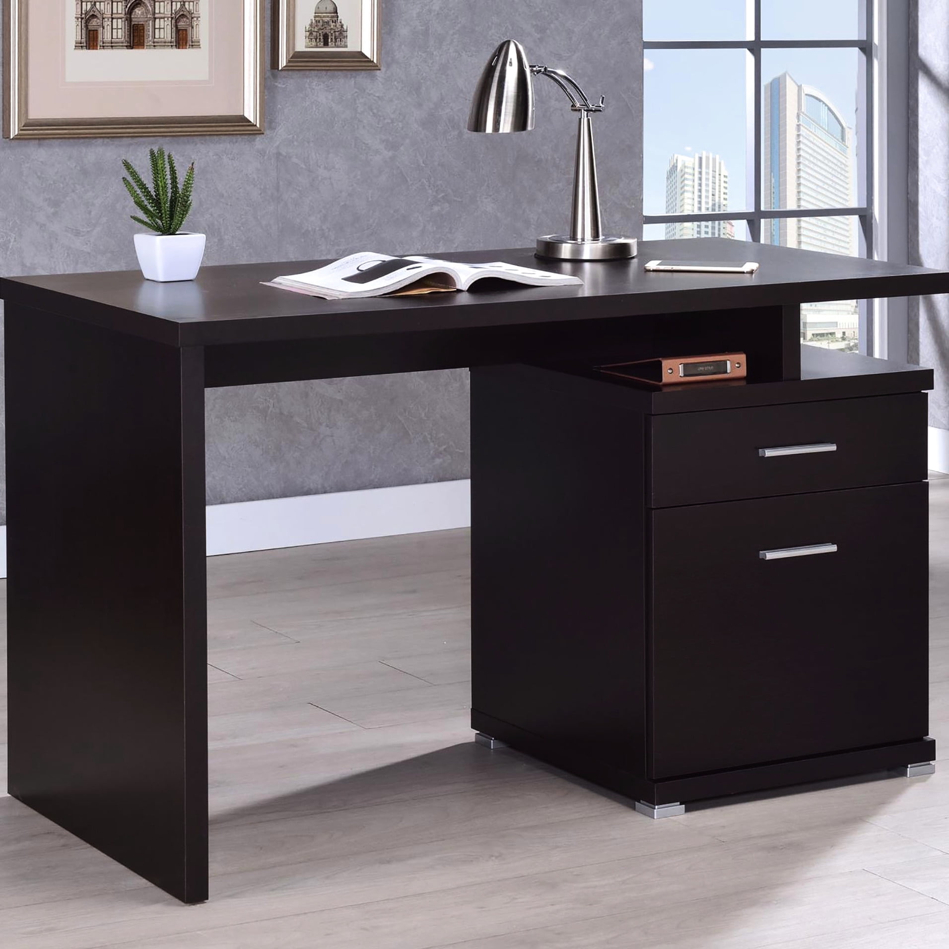 Contemporary Cappuccino Office Table - Ample Desktop 2 Drawers ...