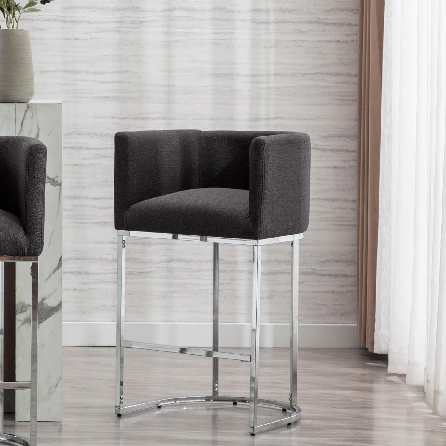 Contemporary Charcoal Linen Bar Stool 24" Upholstered Fabric Counter ...