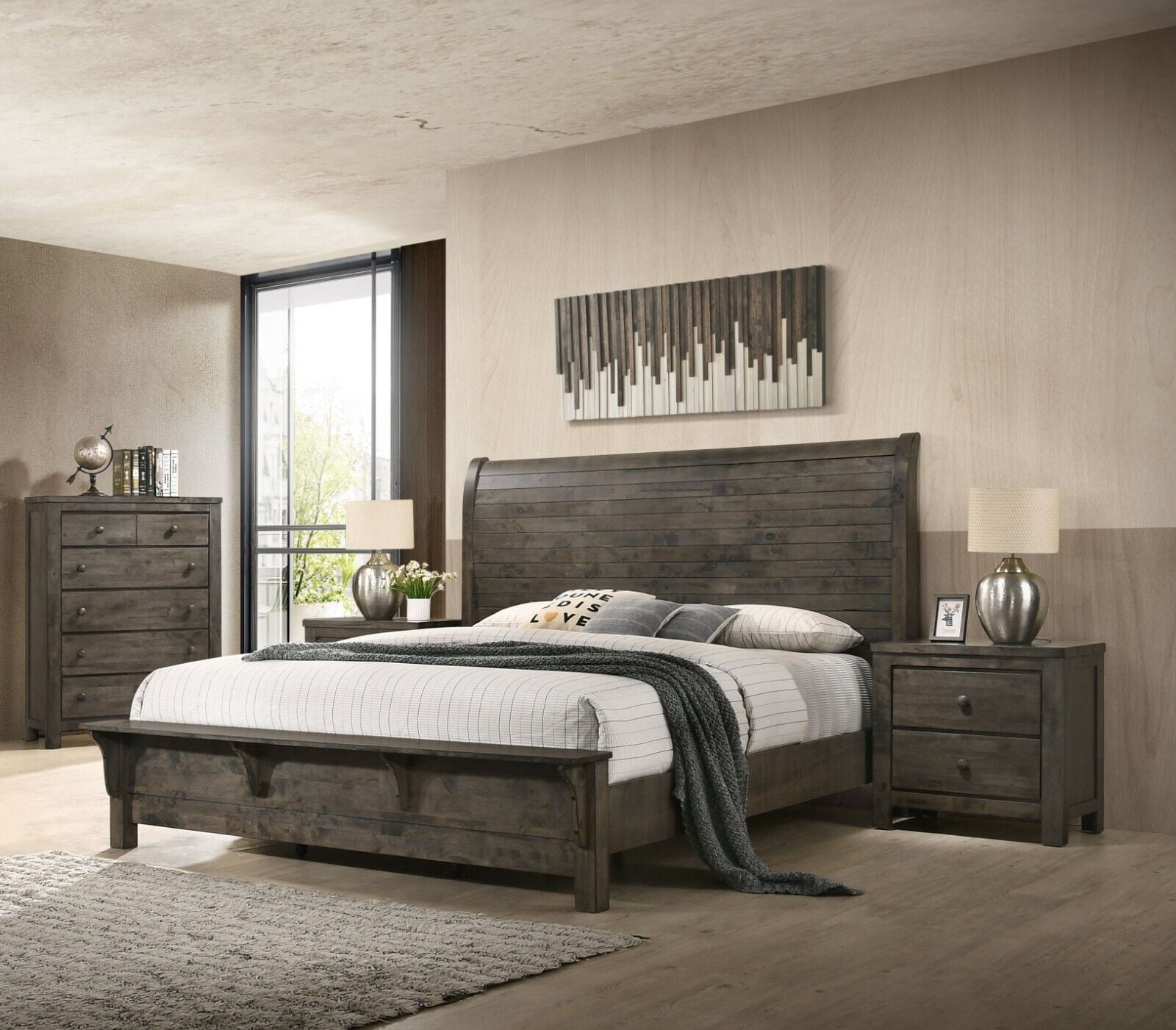 Contemporary Classic 3pc King Built-in Bench Bed Chest Nightstand Set ...