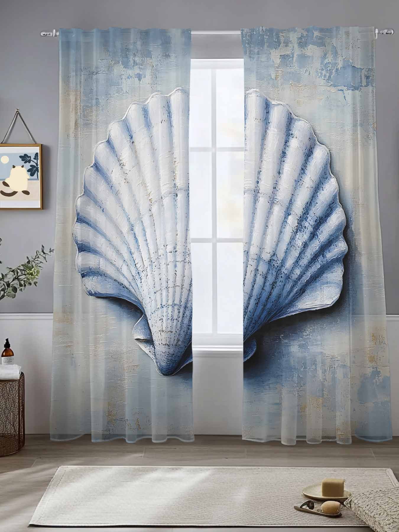 Contemporary Coastal Sheer Curtains for Living Room Bedroom Ocean Shell ...