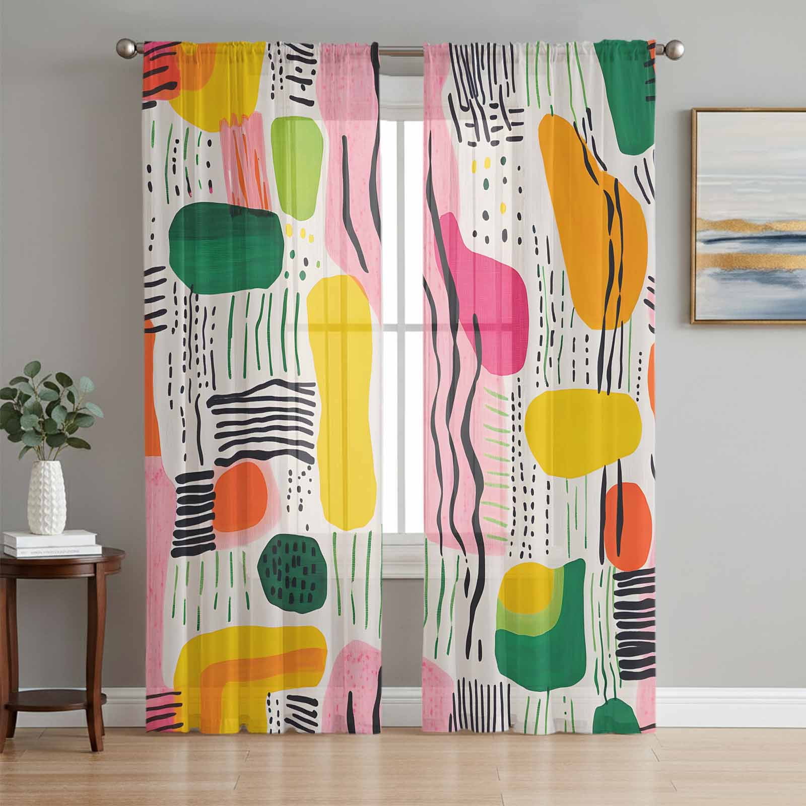 Contemporary Color Block Sheer Curtains 63 Inch Length 2 Panels Set ...