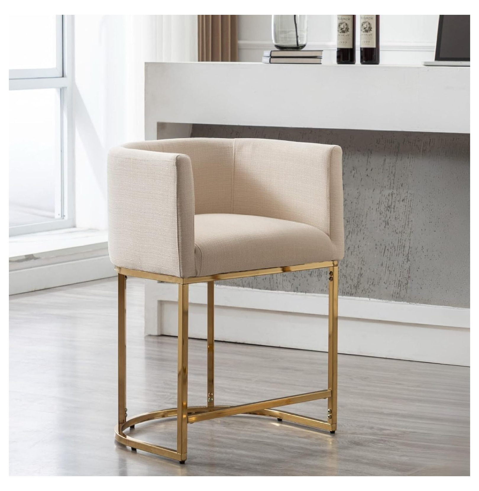 Contemporary Cream Linen Bar Stool, 24" Upholstered Fabric Counter ...