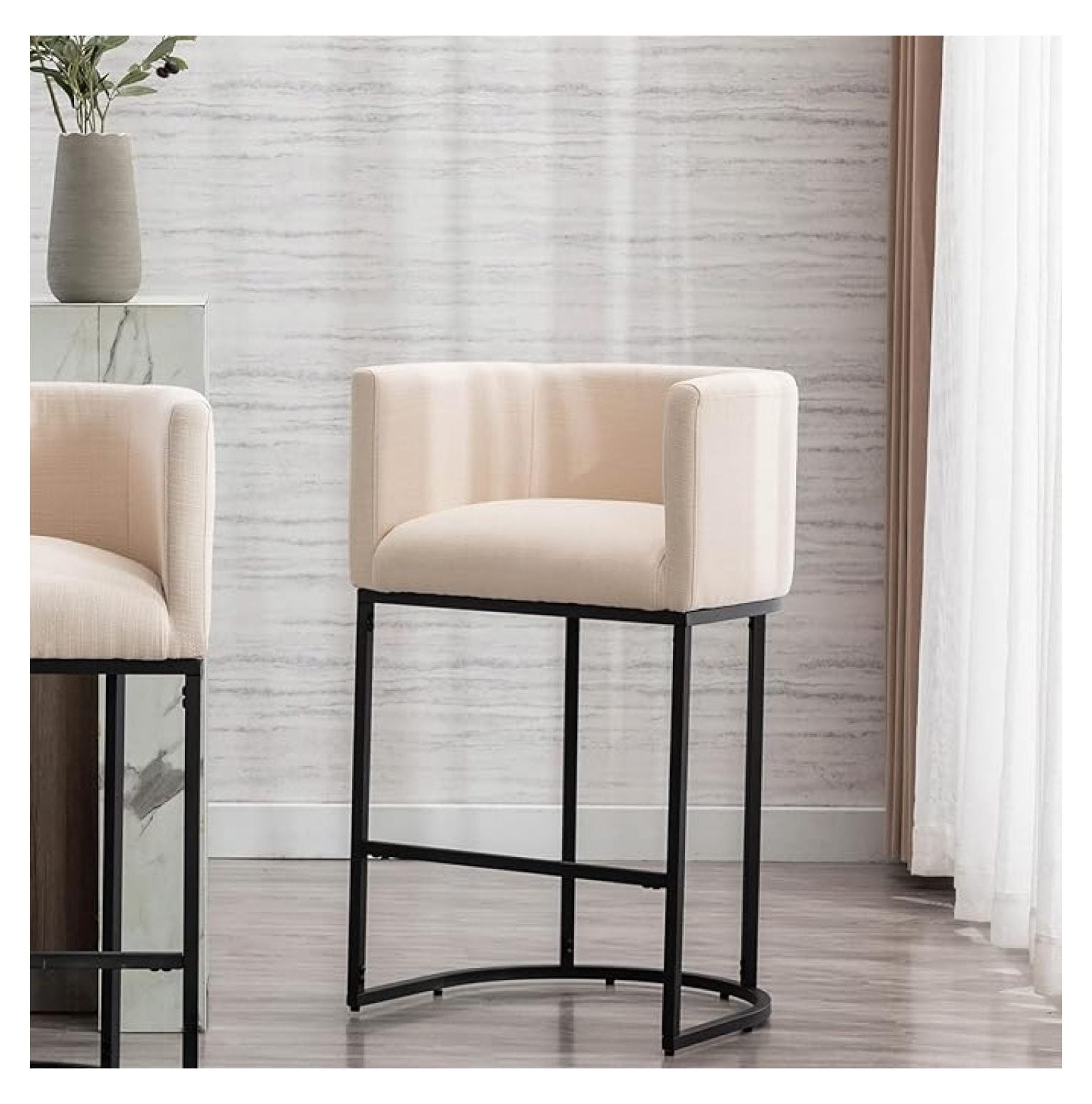 Contemporary Cream Linen Bar Stool, 29" Upholstered Fabric Counter ...
