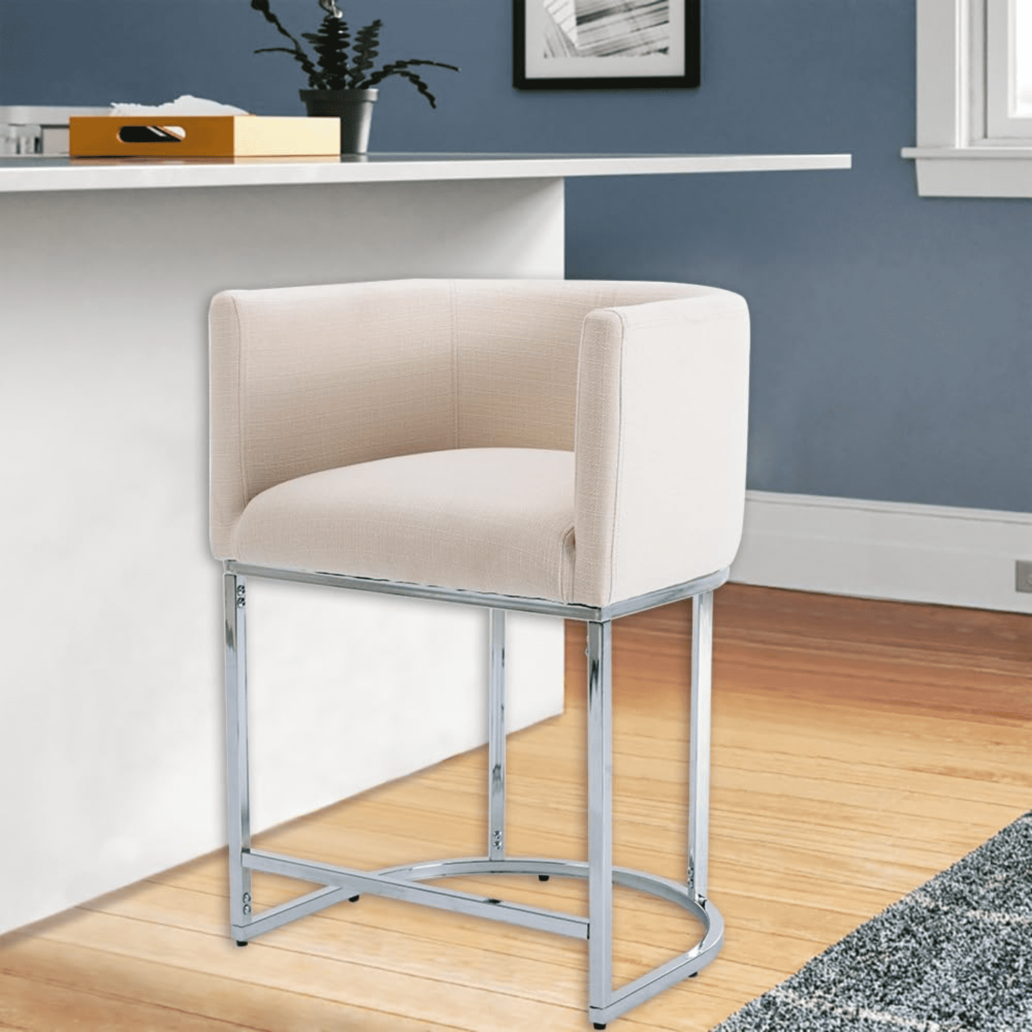 Contemporary Cream Linen Bar Stool 32" Upholstered Fabric Counter ...